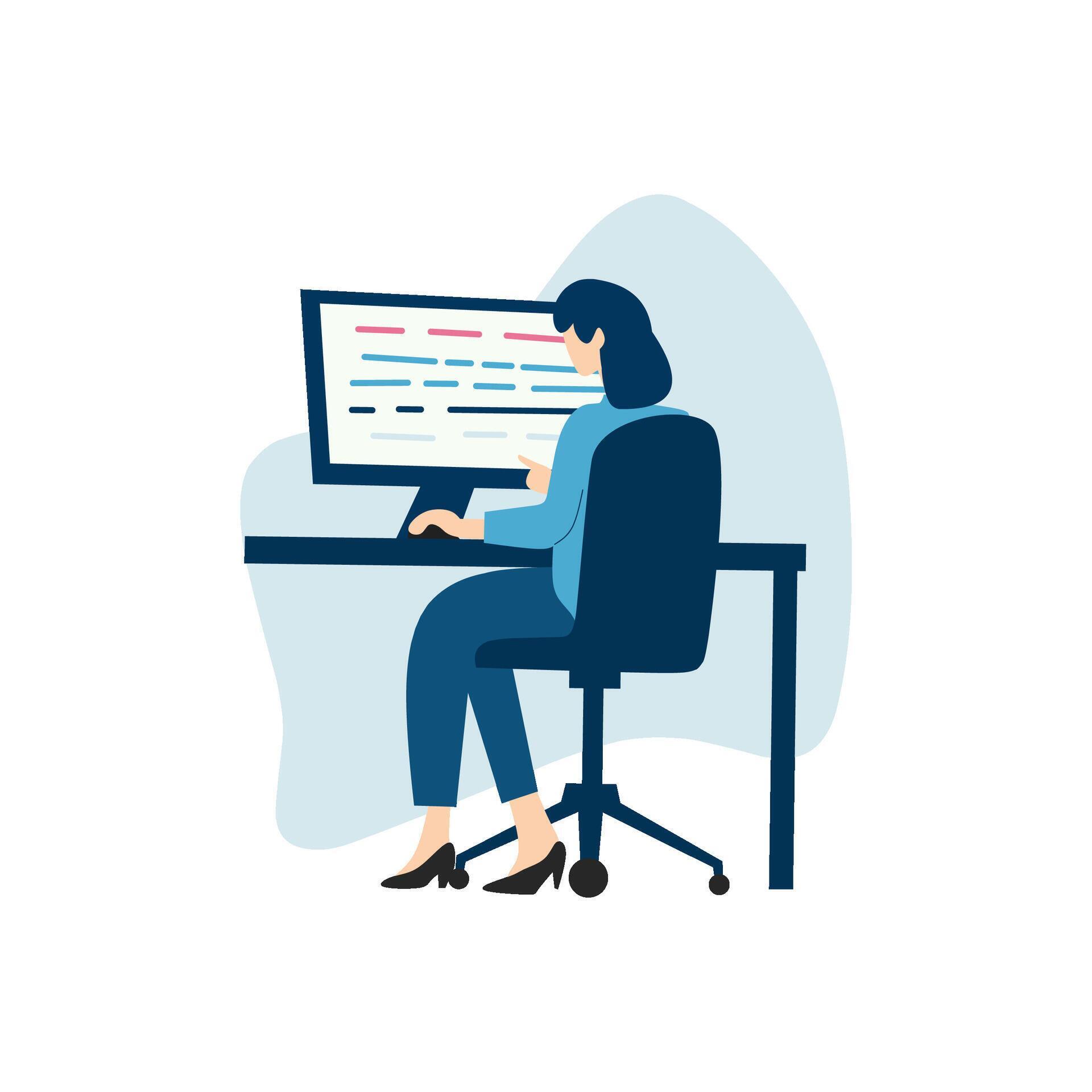 Flat illustration of a woman programmer working on a desktop ...