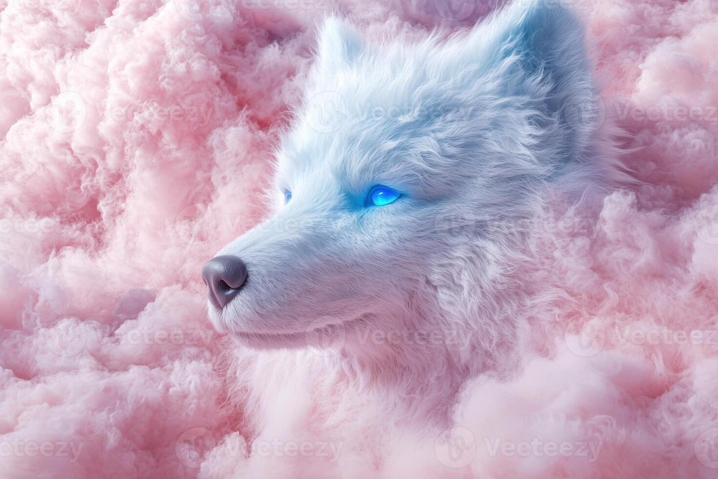 Majestic white wolf with piercing blue eyes in a cloud of pink mist ...