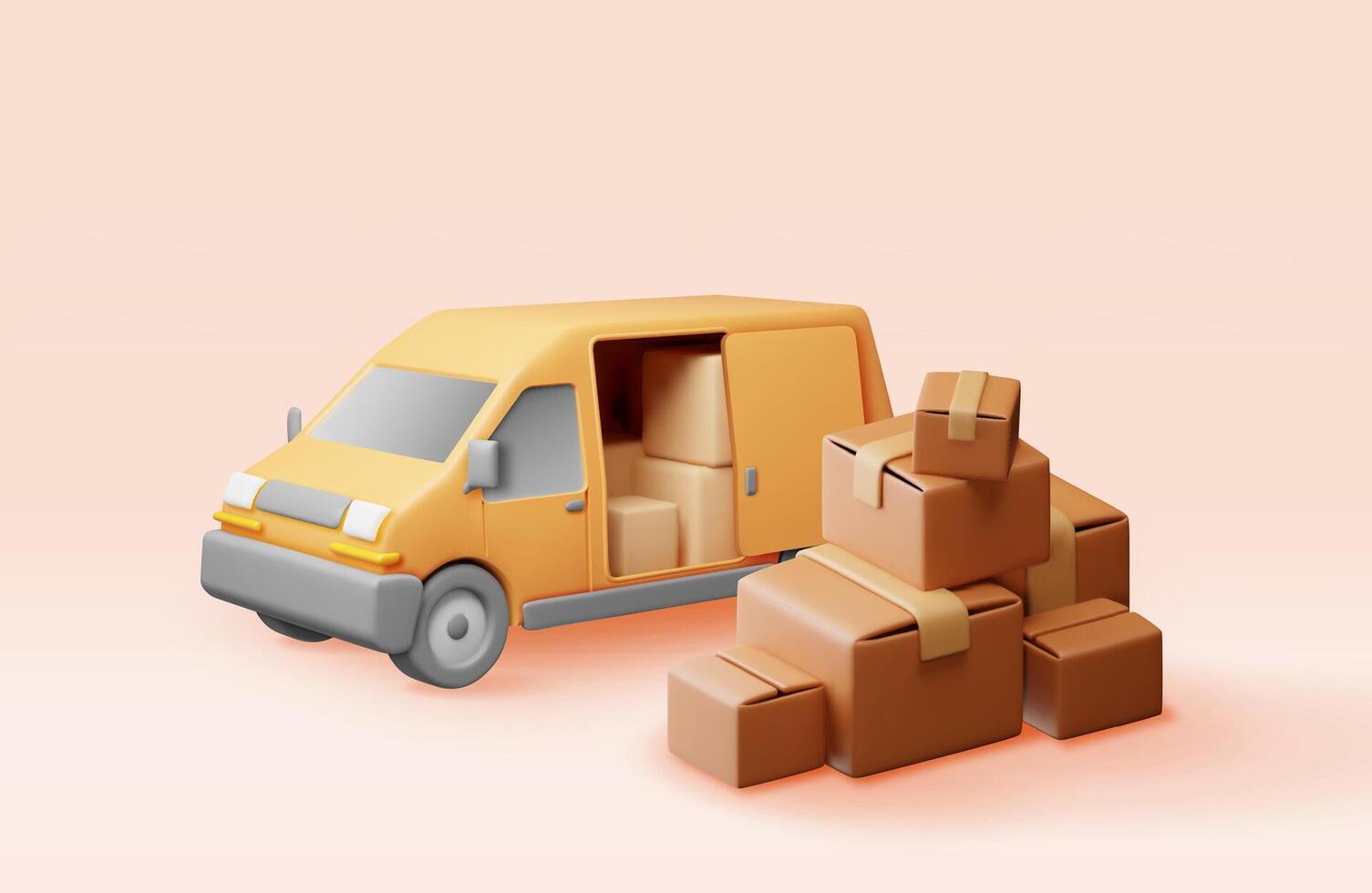 3D delivery van full of cardboard boxes isolated. Render express delivering services commercial ...