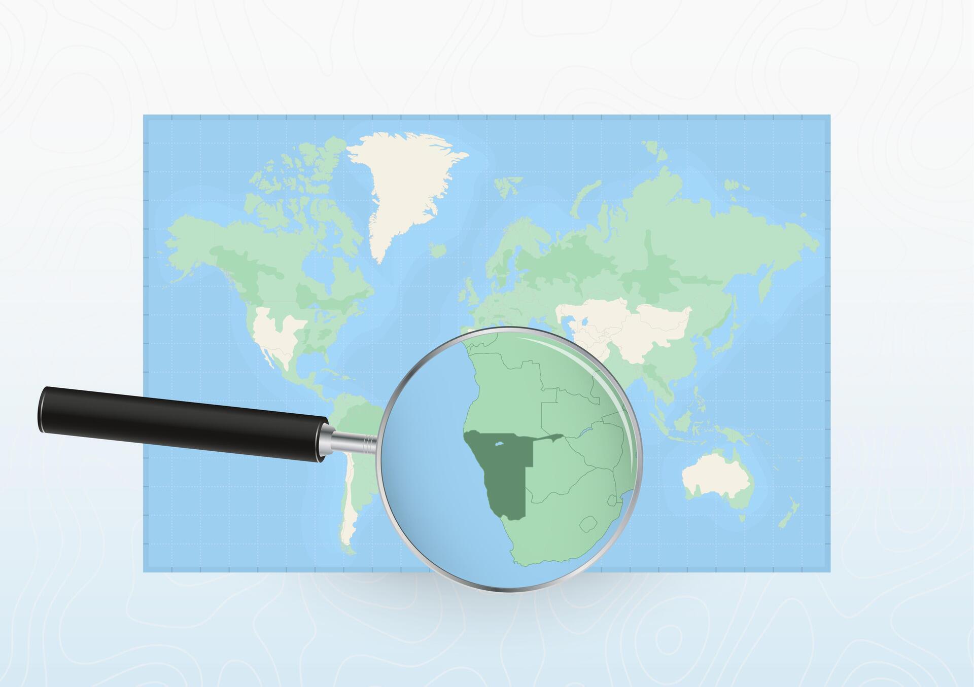 Map of the World with a magnifying glass aimed at Namibia, searching Namibia with loupe ...