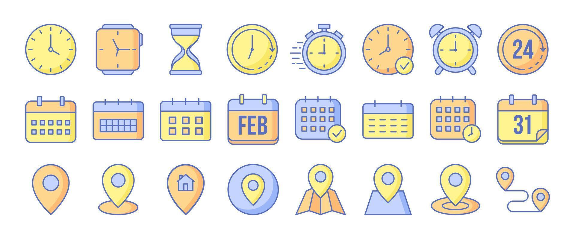 Clocks, calendars, and map location icon set on a white background ...