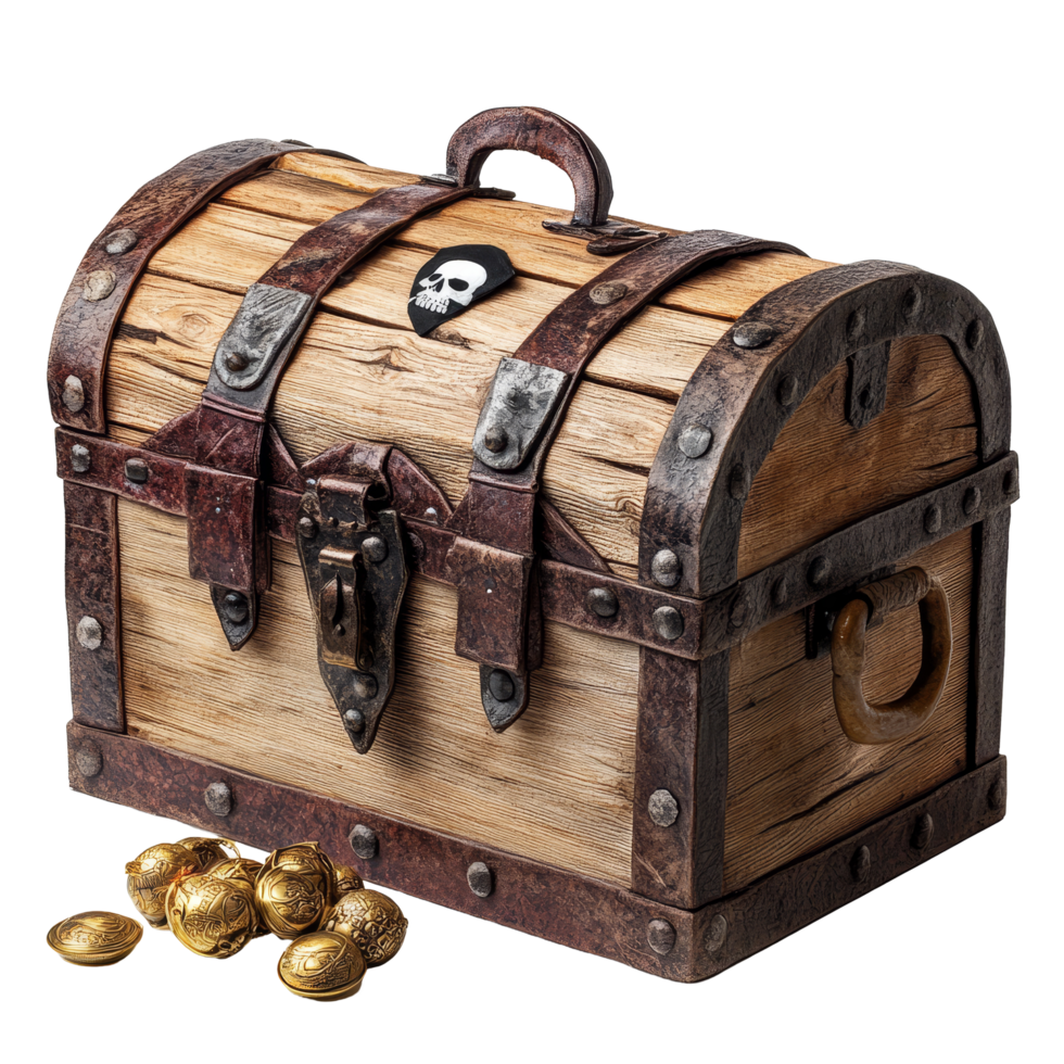 A rustic pirate treasure box filled with gold coins displayed against a stark transparent ...