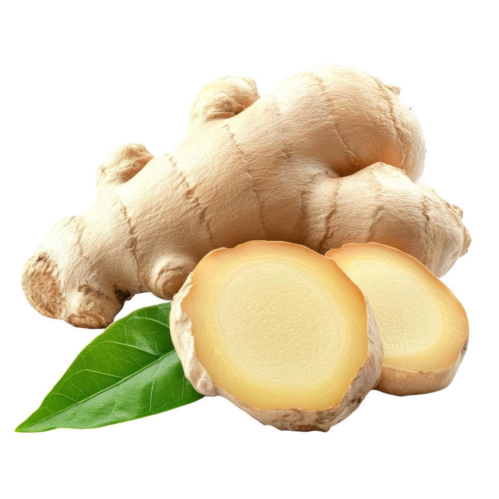Fresh ginger root with sliced pieces and green leaf on a transparent ... Fresh ginger root with sliced pieces and green leaf on a transparent ...