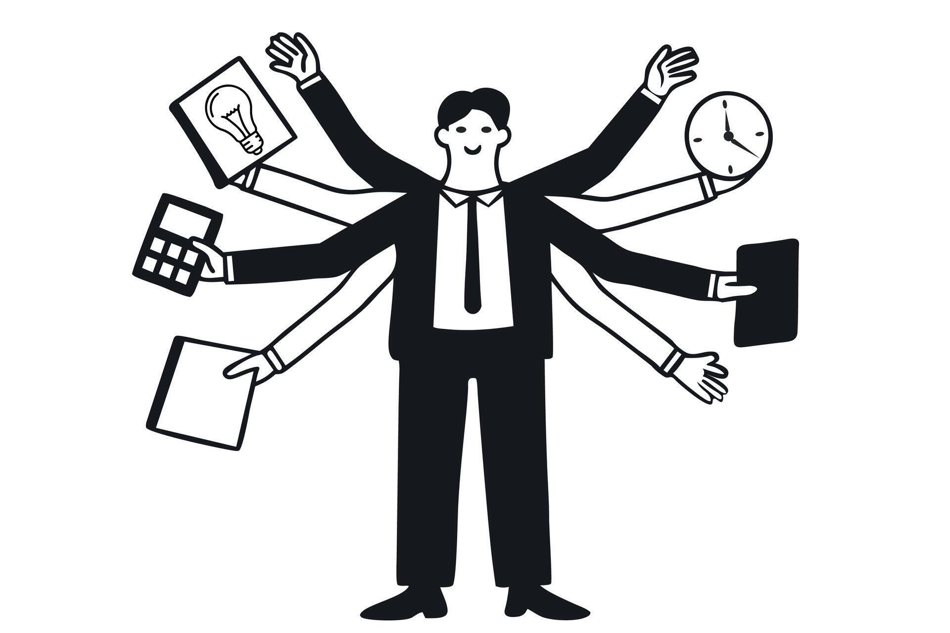 Business busy man doing different tasks at the same time. Multitasking concept 52422155 Vector ...