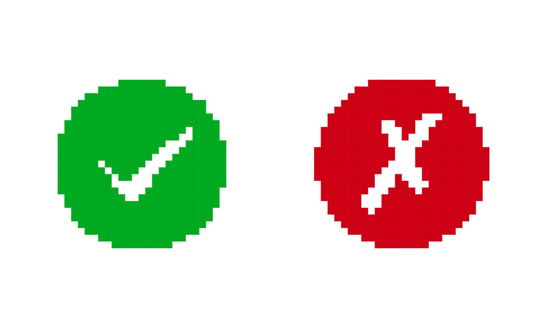 Correct and Wrong Indicators. Approval and Rejection Symbol in Pixel Art Style. Green Check and ...