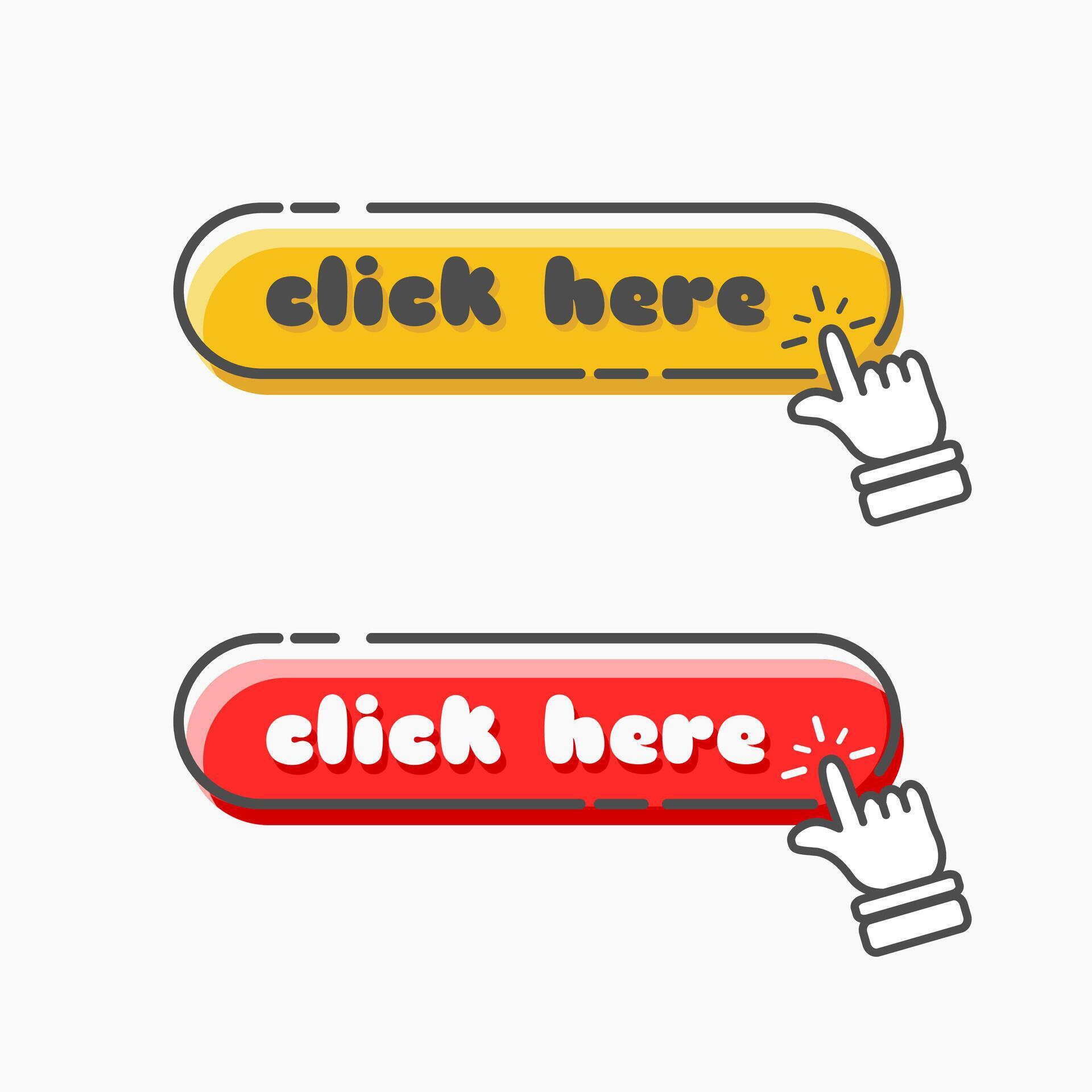 Click here web button with hand cursor designed in cartoon flat style ...
