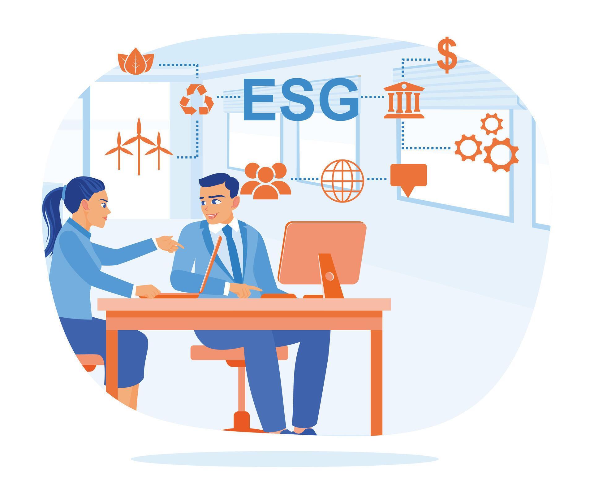 Two entrepreneurs analyze ESG data. Environmental social governance policies with business. ESG ...