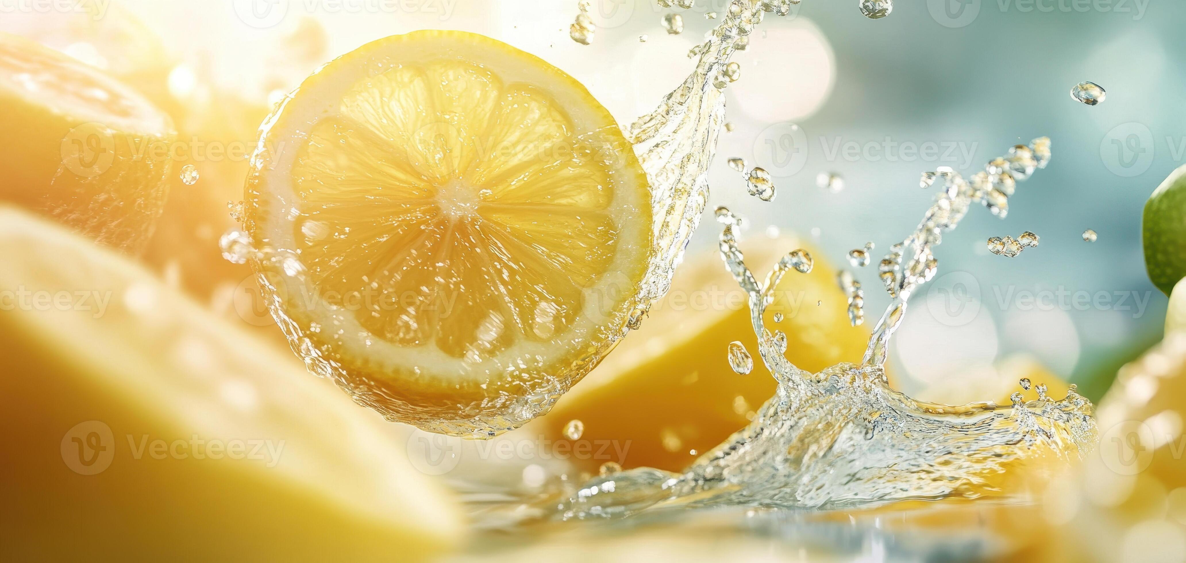 Fresh lemon slices splashing into clear water, creating vibrant yellow droplets. scene captures ...