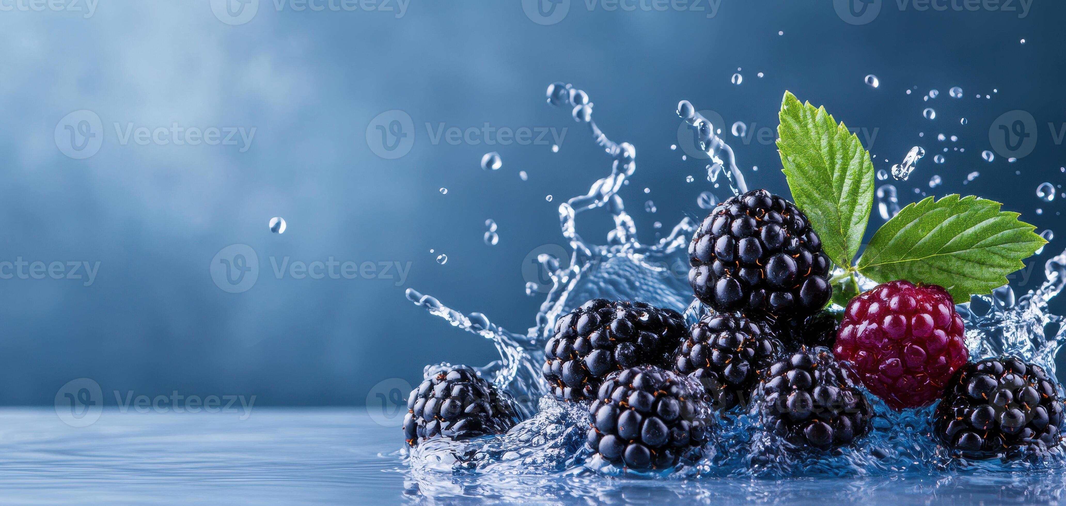 Blackberries and raspberries splashing in water, showcasing deep purple hues and vibrant green ...