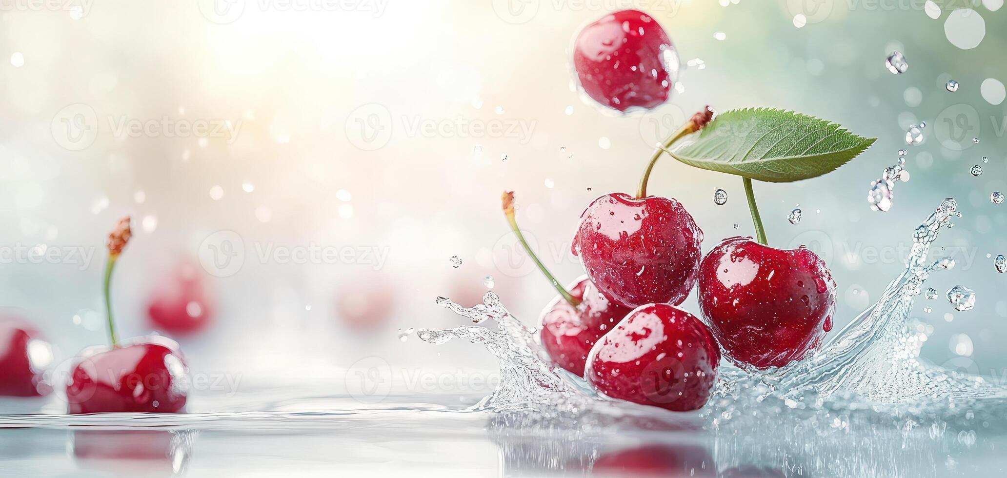 Juicy cherries splashing into clear water create refreshing scene filled with vibrant colors and ...