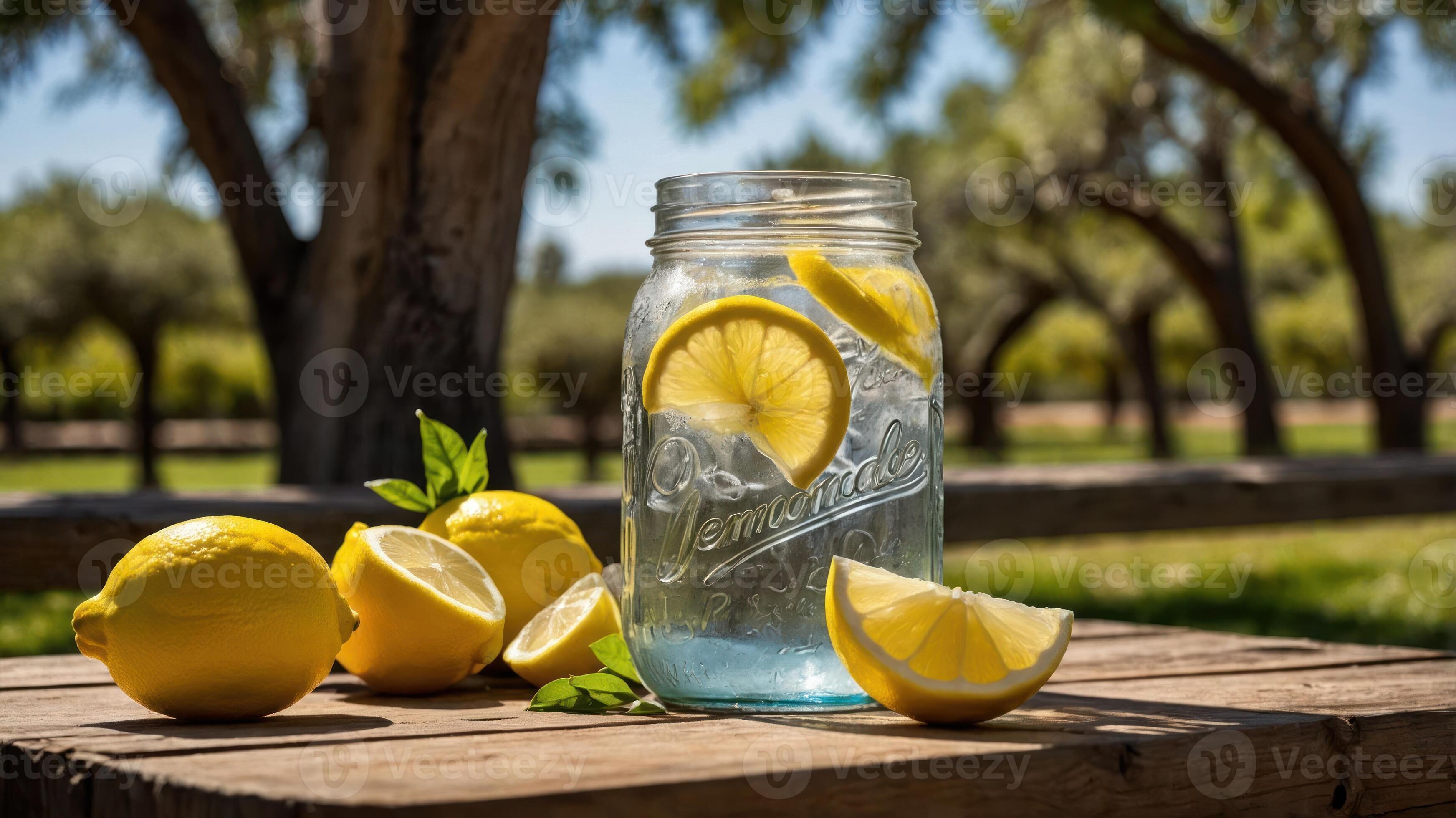 A refreshing jar of lemonade with lemon slices, set outdoors among trees. 52462342 Stock Photo ...