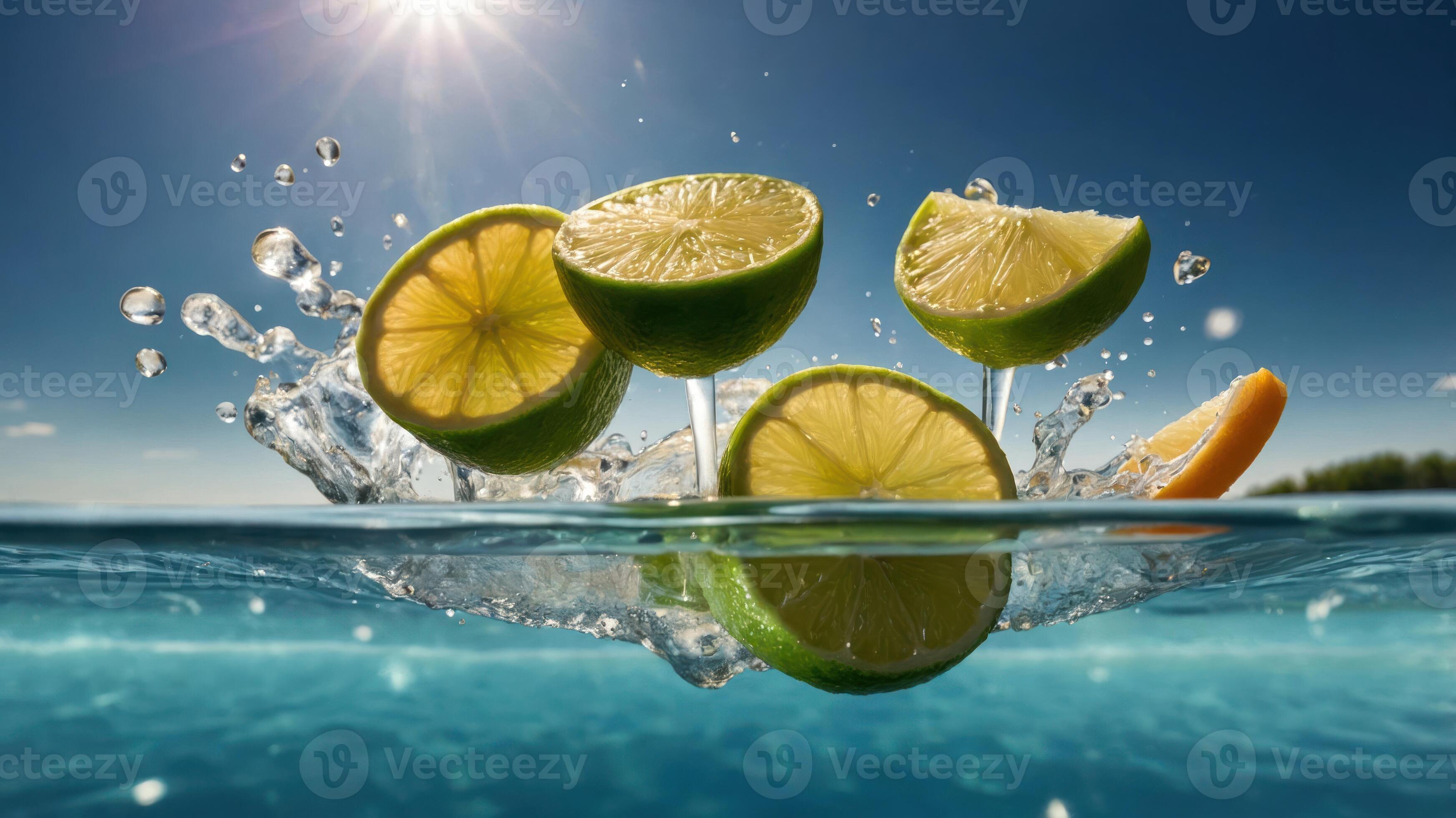 Fresh citrus slices splashing in water under sunlight, creating a refreshing vibe. 52475282 ...