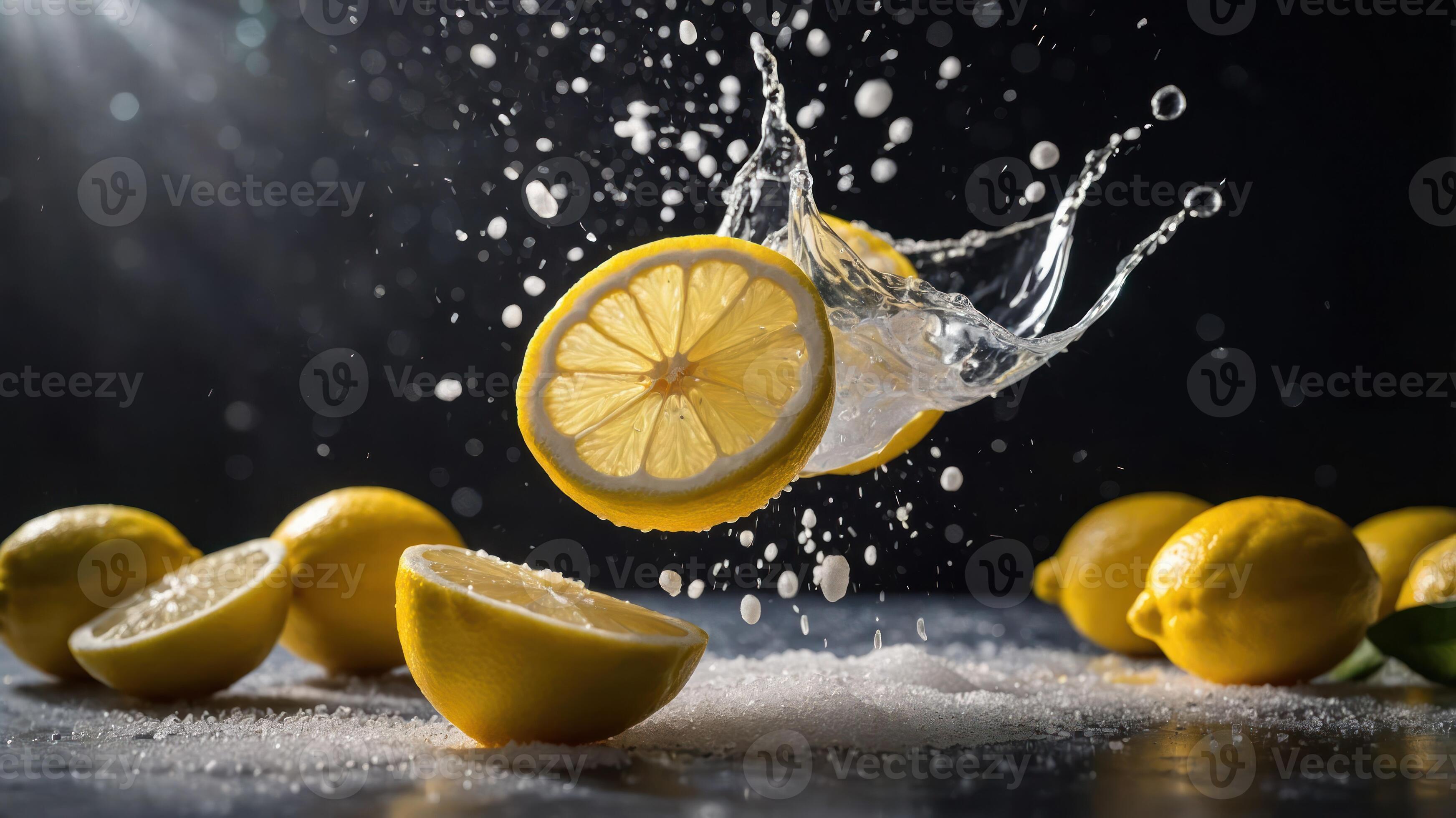 A lemon slice splashes into water, surrounded by whole lemons and sugar, showcasing freshness ...