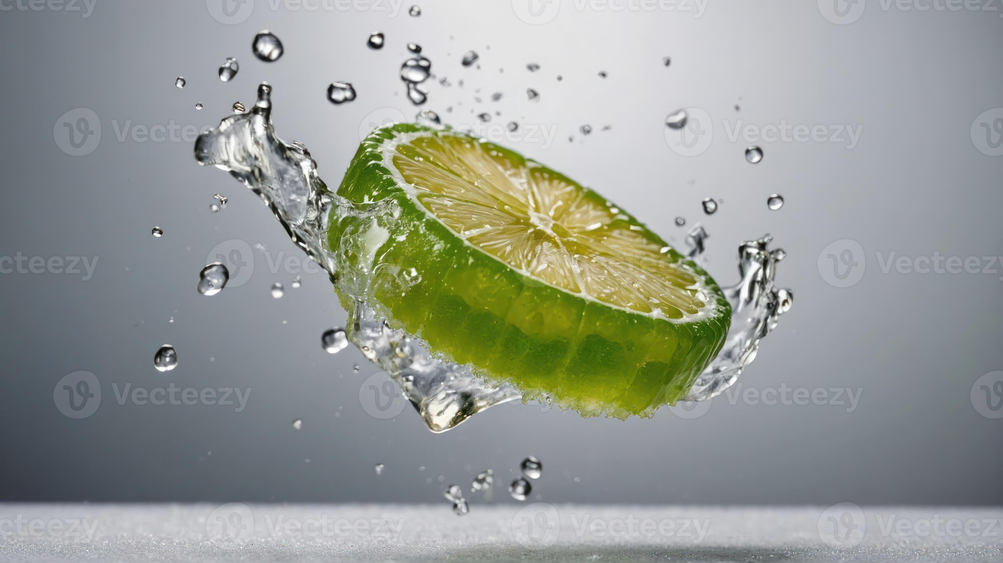 A vibrant lime slice splashes into water, creating dynamic droplets and a refreshing scene ...