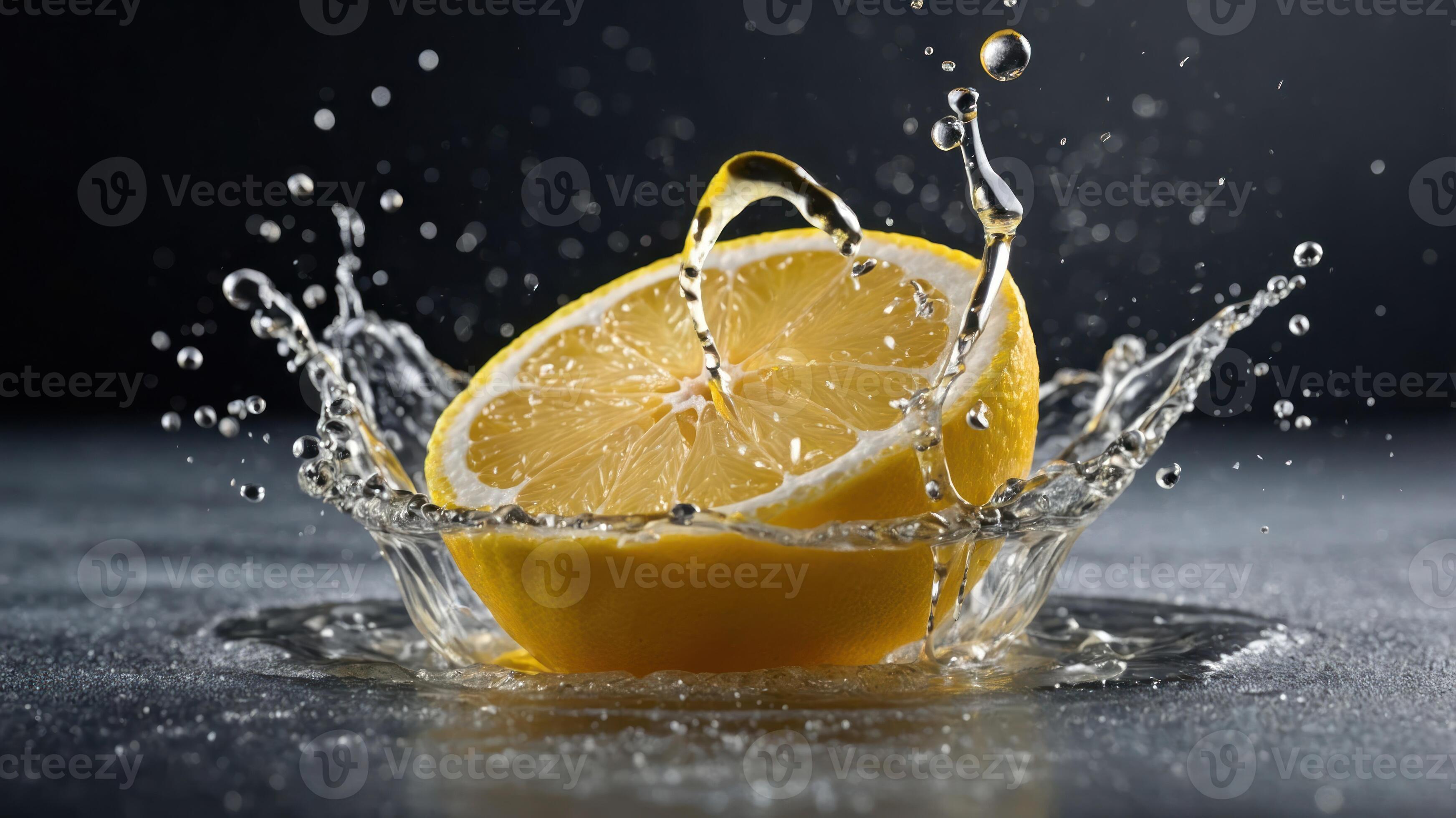 A lemon slice splashes into water, creating dynamic droplets and a refreshing visual effect ...