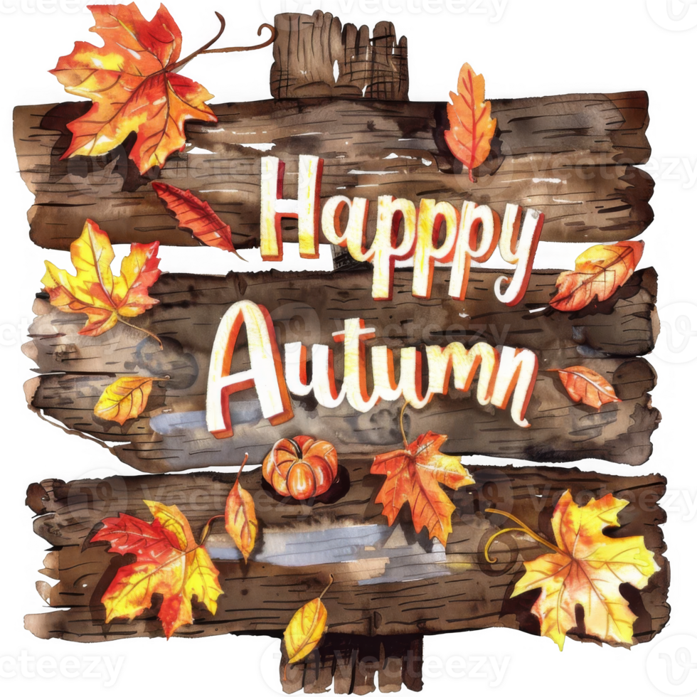 Autumnal Leaves on Wooden Happy Autumn Sign 52512739 PNG