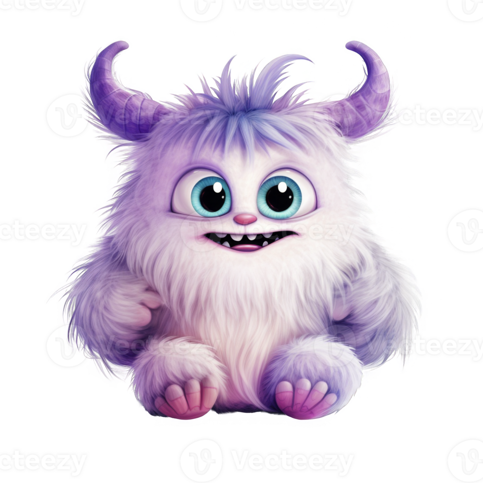Adorable Purple Fuzzy Monster with Big Eyes and Horns Sitting 52512881 PNG