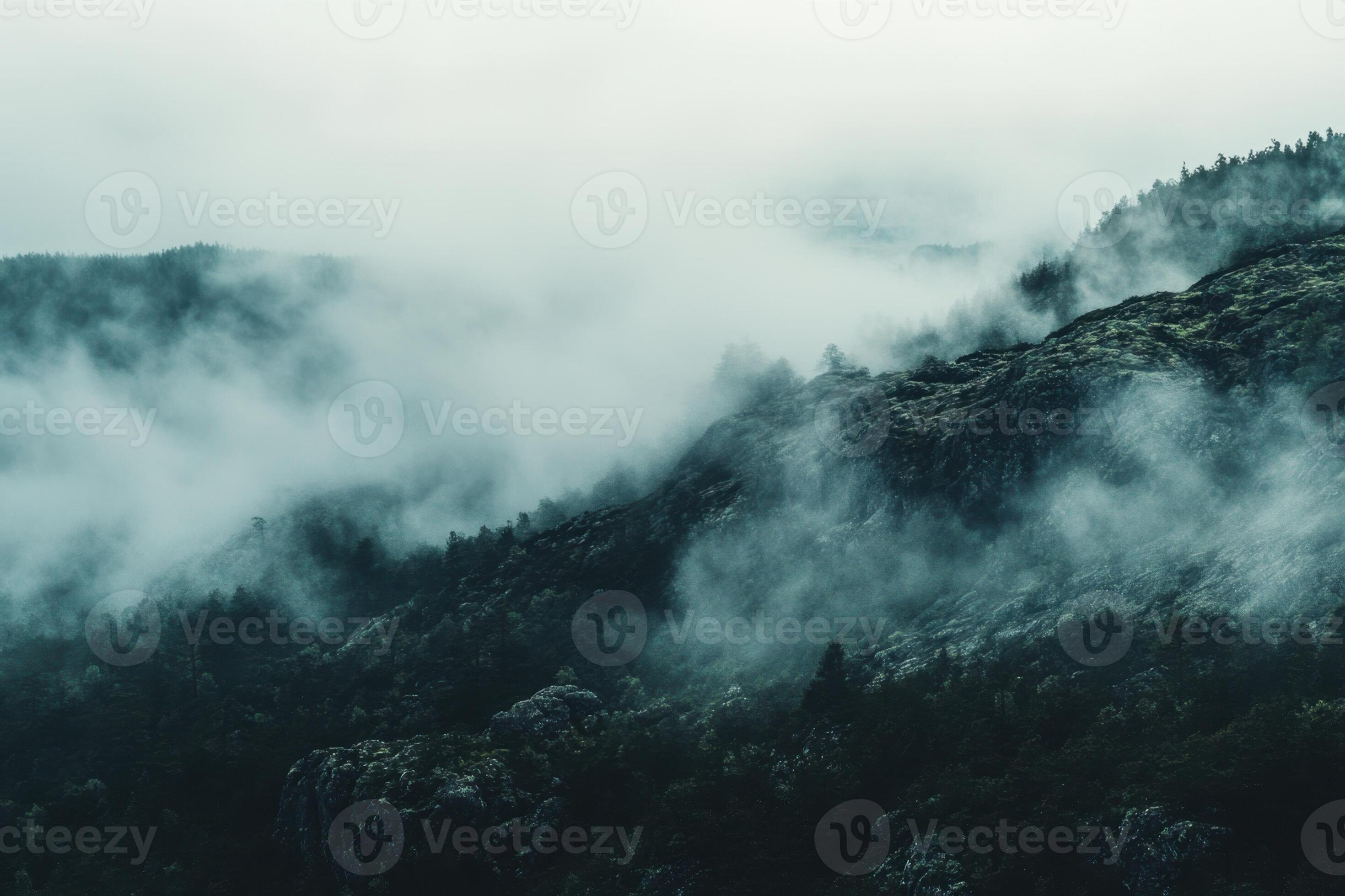 Misty mountain landscape with a layer of fog obscuring the forest and hills. 52517377 Stock ...