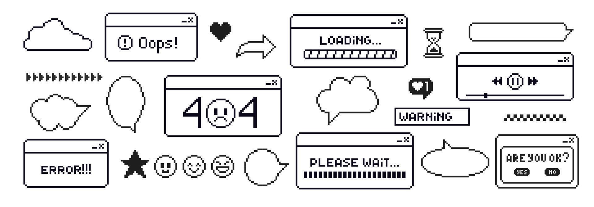 Retro browser computer window in 90s style. Message boxes and popup user interface elements ...