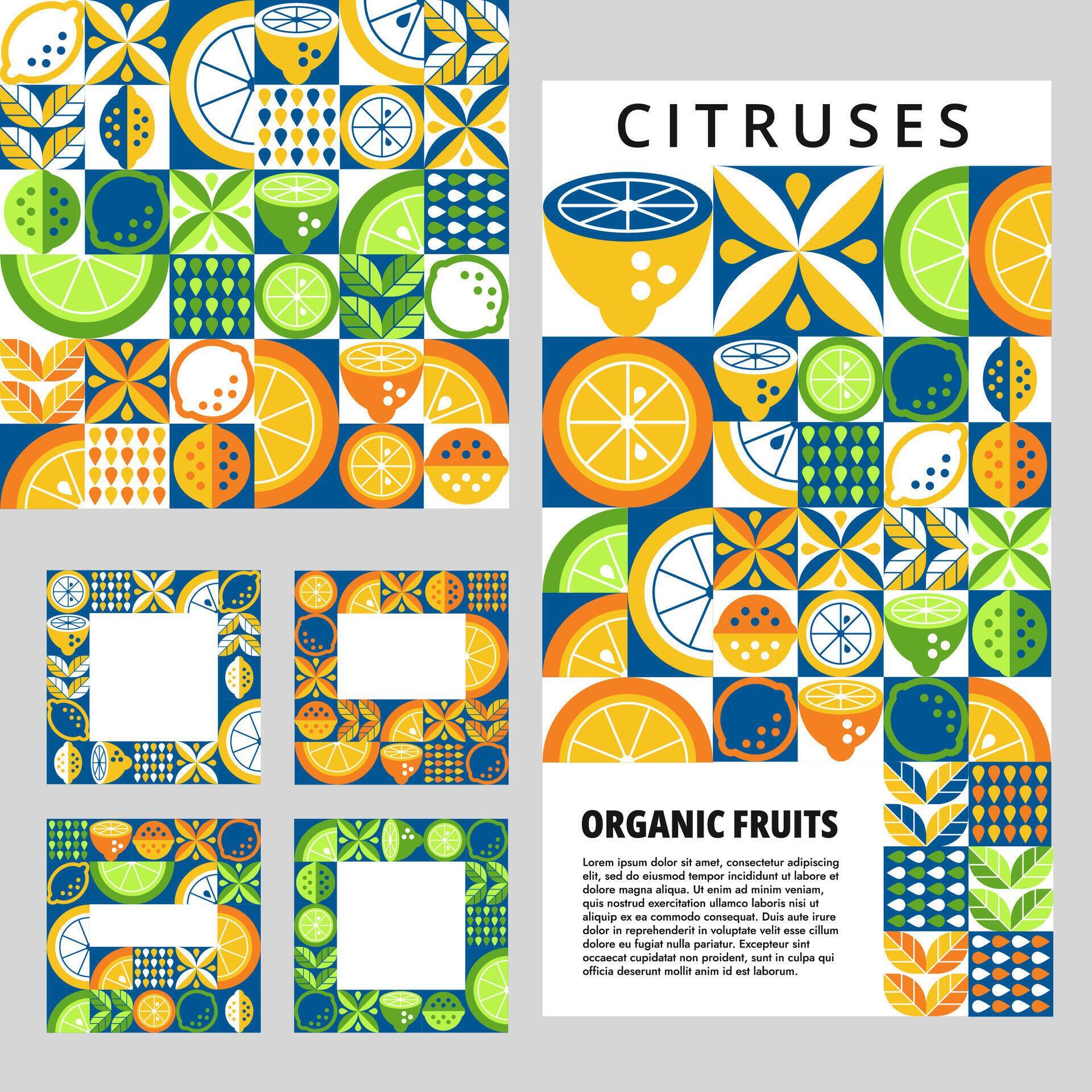 Minimalist citrus flat icons. Geometric lemon, lime and orange mosaic ...