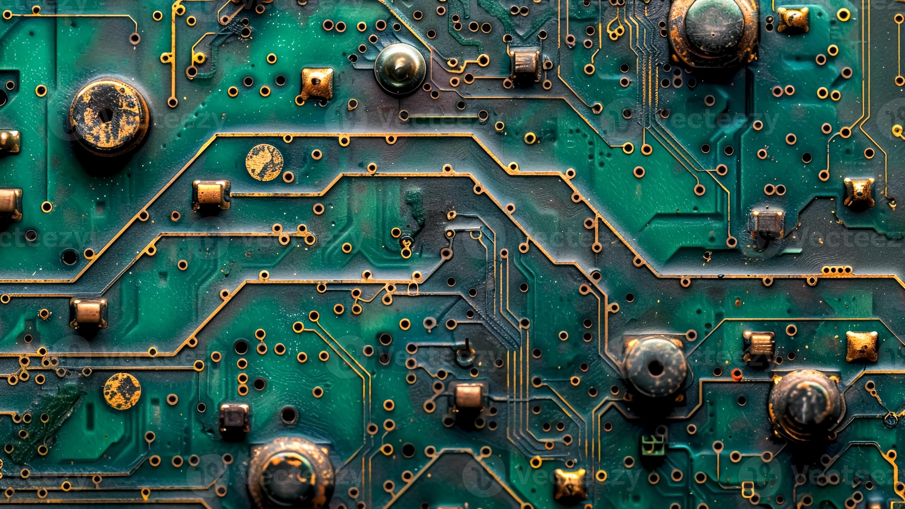 antiguo verde circuito tablero con desgastado cobre caminos Clásico tecnología, electrónica ...