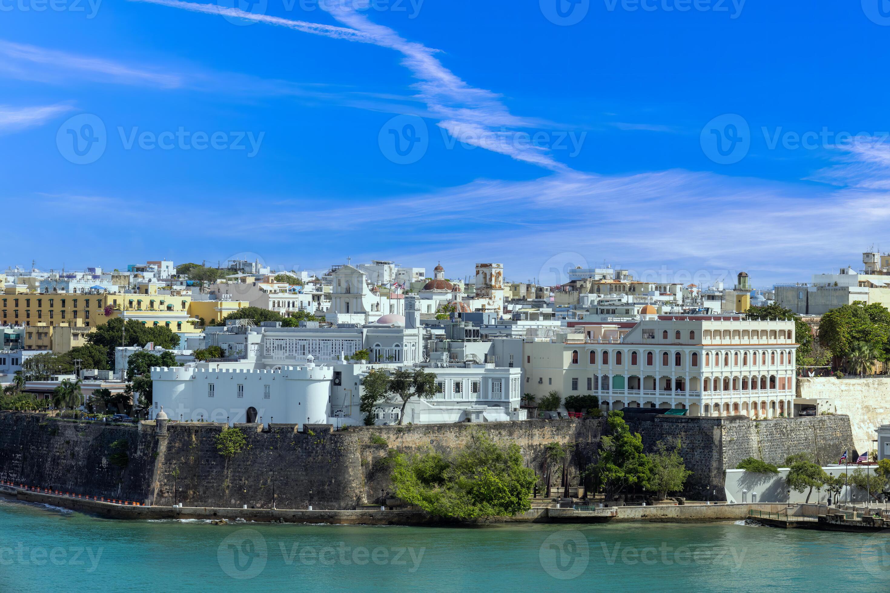 Puerto Rico, aerial view of San Juan colorful colonial historic center from San Juan Bay ...