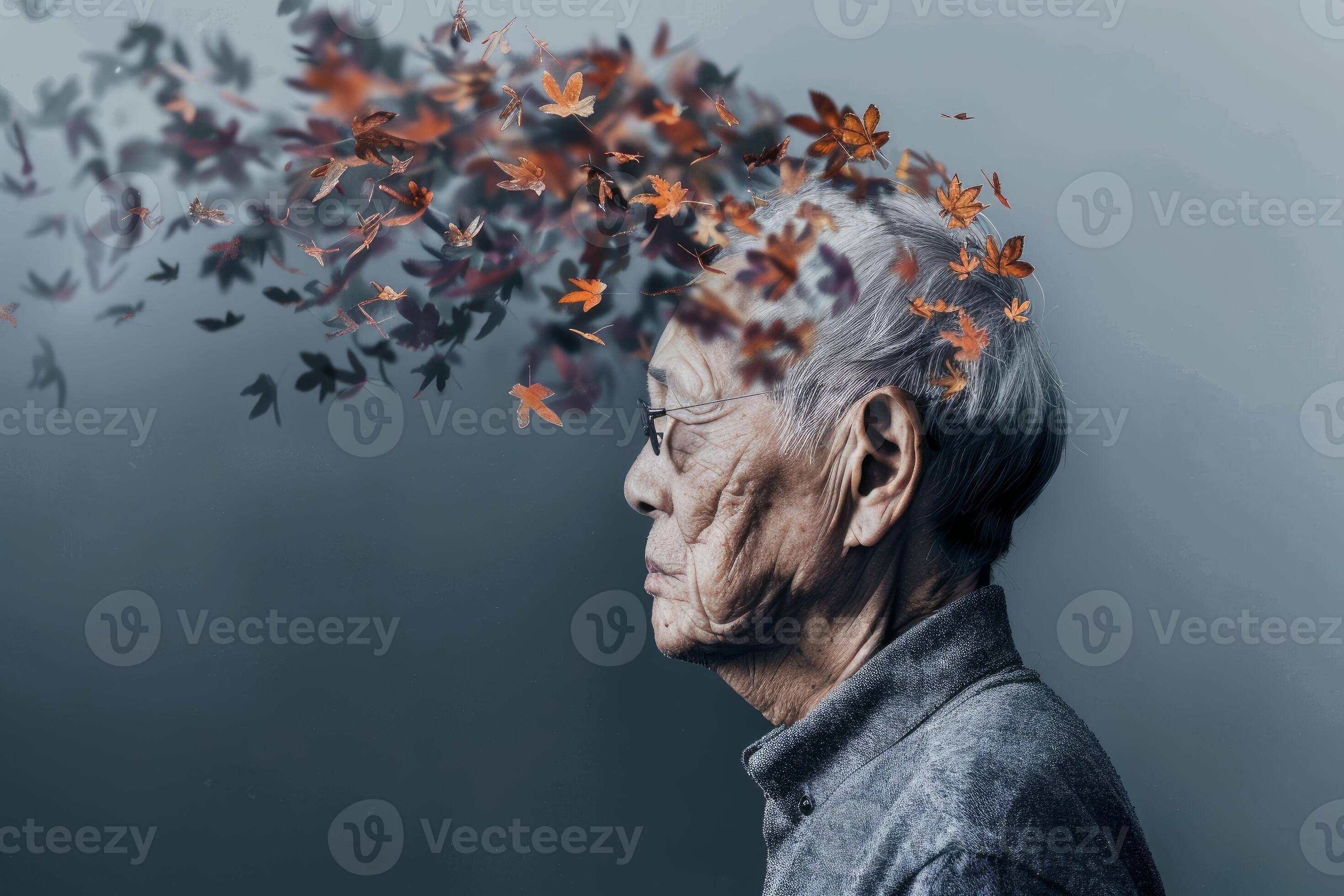 Senior man experiencing memory loss symbolized by autumn leaves ... Senior man experiencing memory loss symbolized by autumn leaves ...