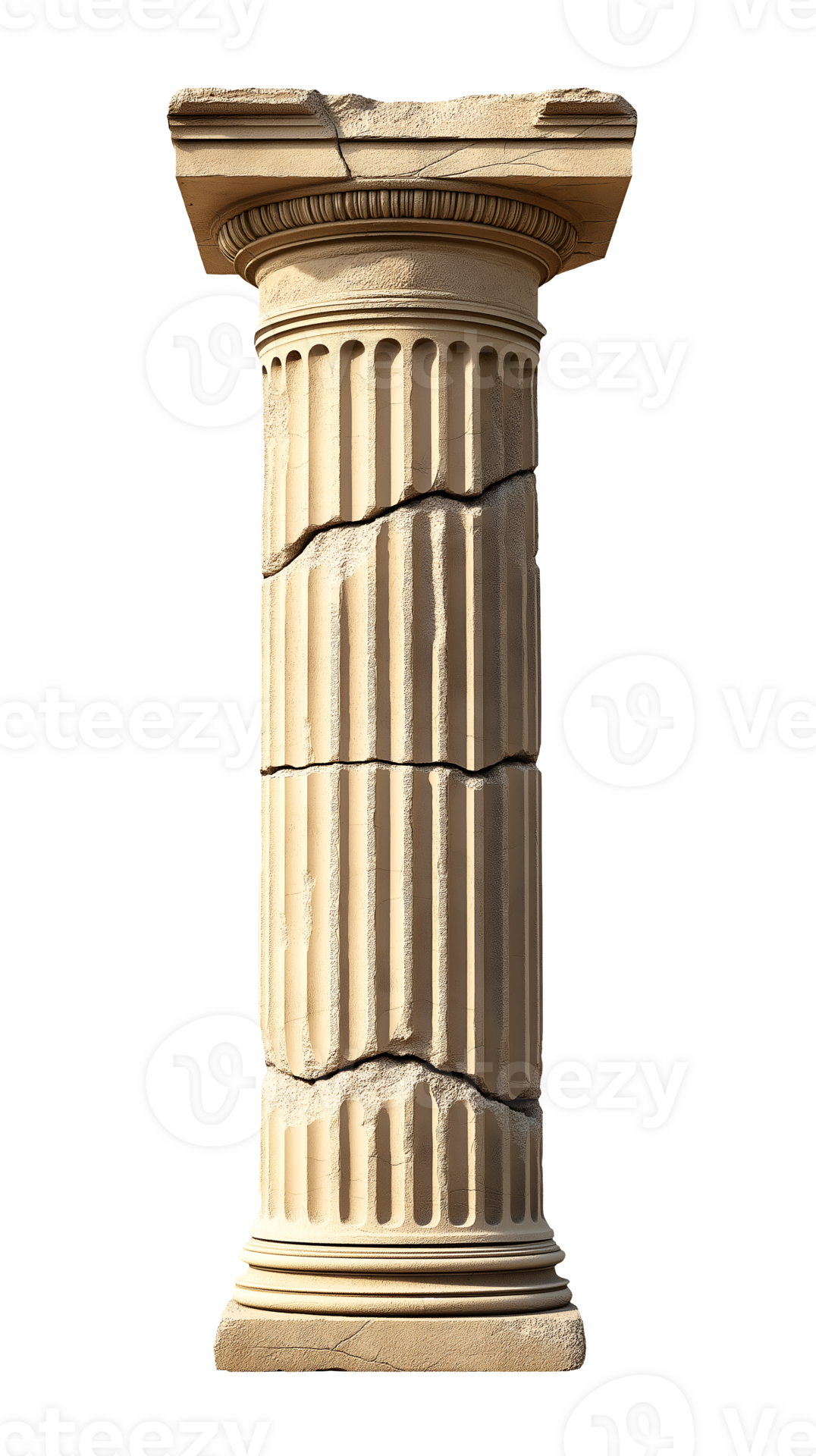ancient greek doric column with fluted design and weathered cracks on isolated background ...