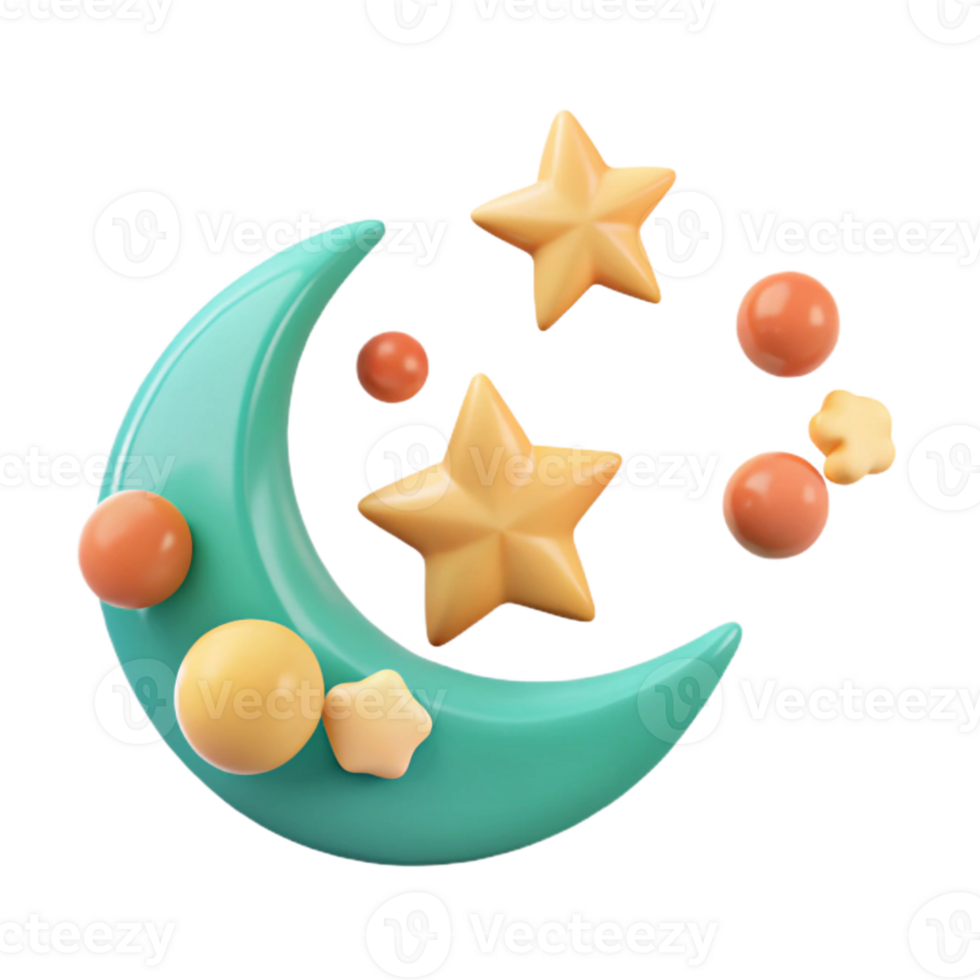 3D Render of a Crescent Moon and Stars 52559658 PNG