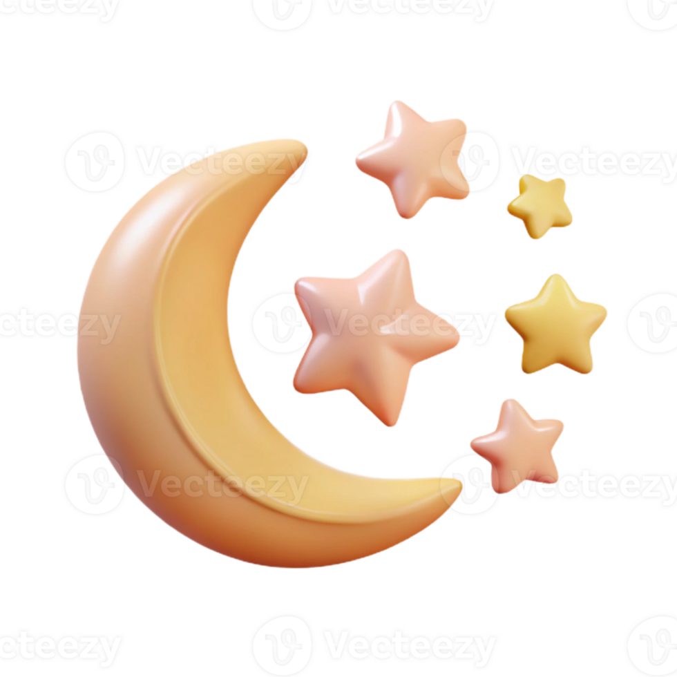 3D Render of a Crescent Moon and Stars 52559659 PNG