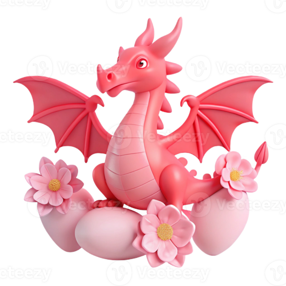 Cute Pink Dragon Sitting On Eggs With Flowers 52566942 Png