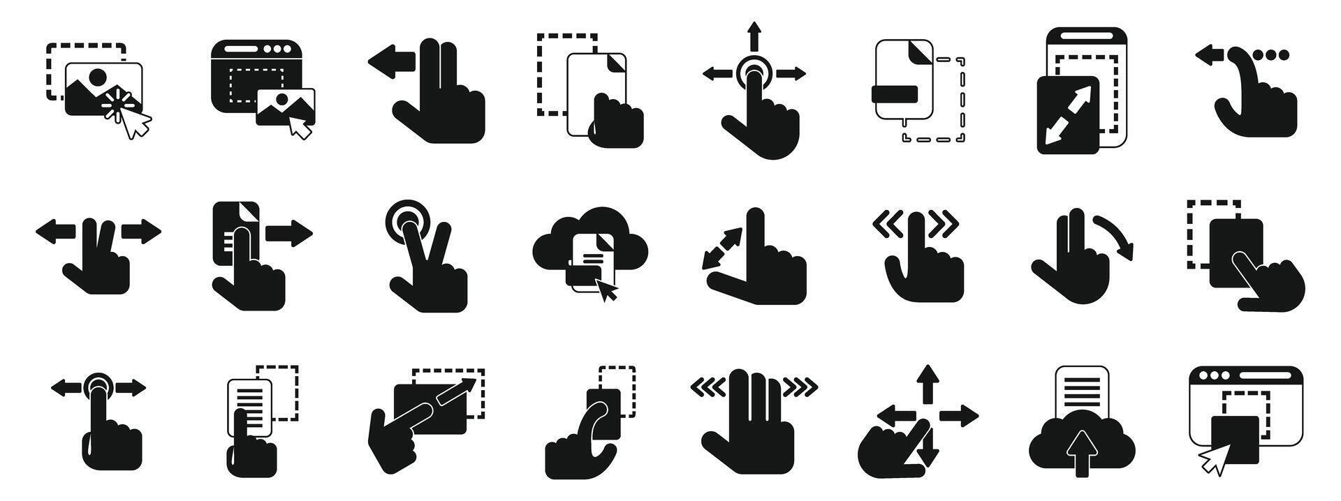 Drag drop icons set. Hand gestures for touch screen devices using multi touch functionality ...