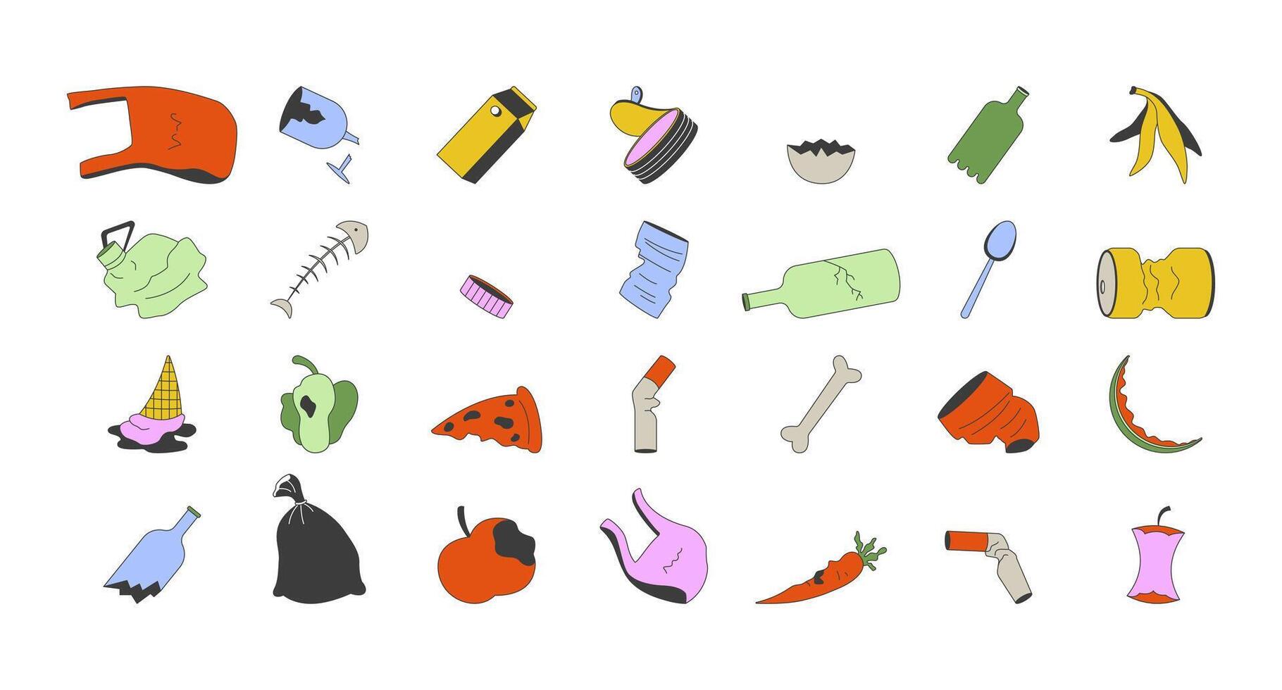 Rubbish waste management 2D cartoon objects set. Garbage sort. Recycling pollution. Litter ...