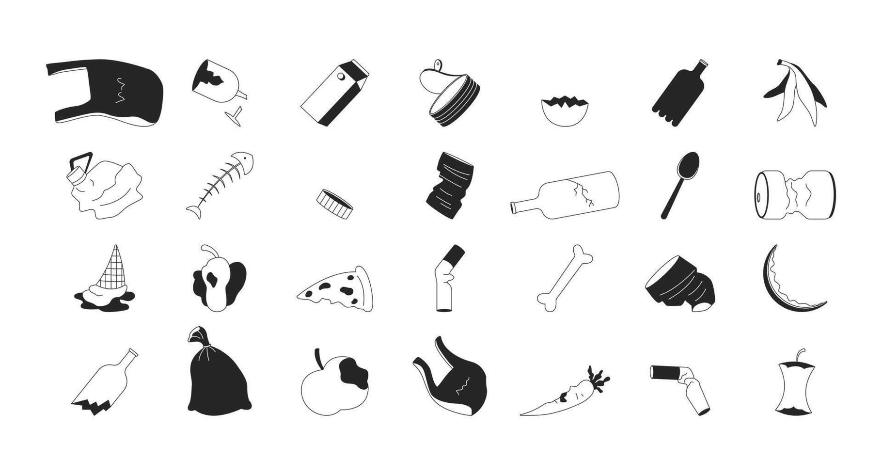 Rubbish waste management black and white 2D line objects set. Garbage sort. Pollution. Litter ...