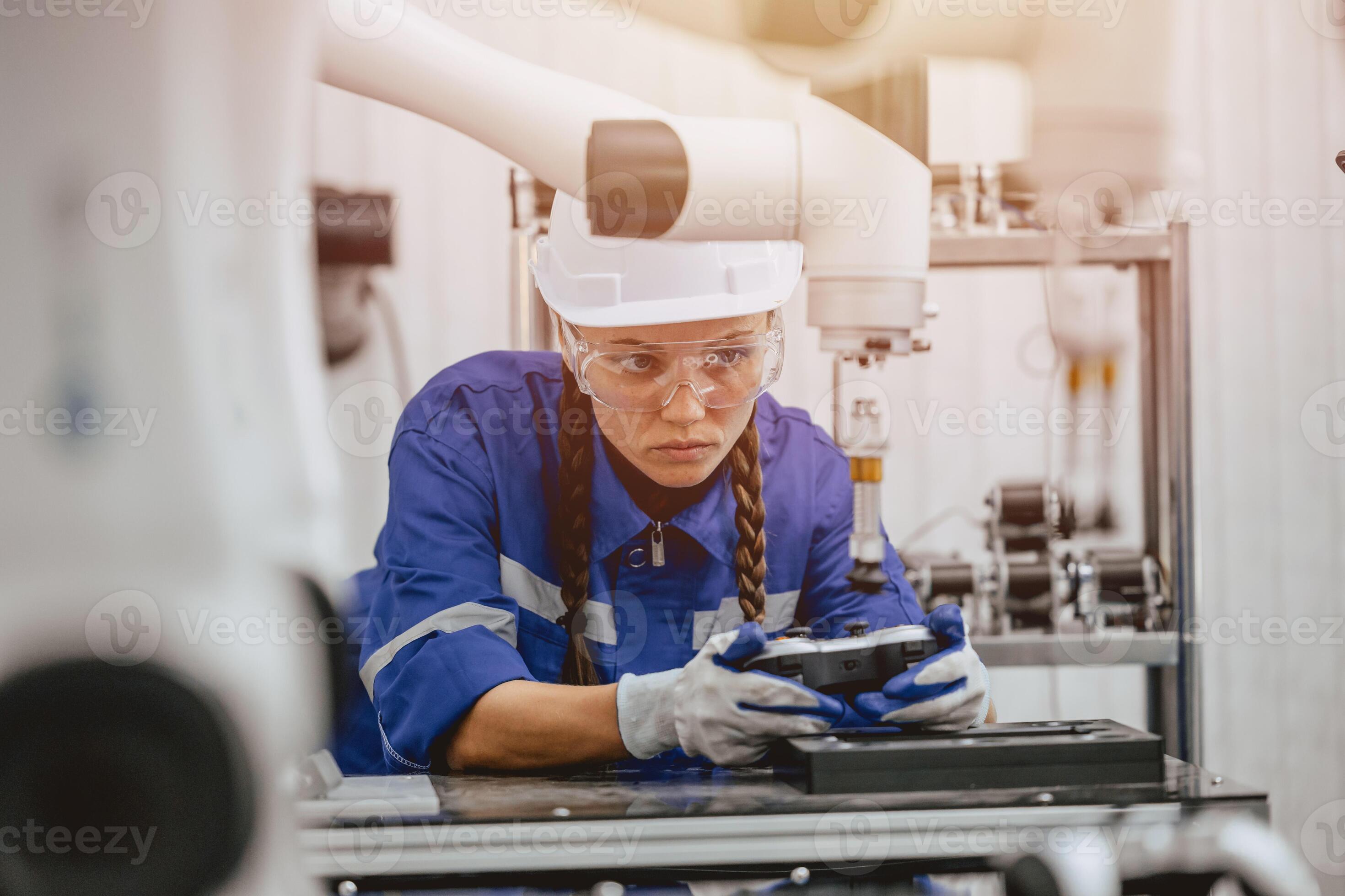 Engineer women university student learn to manual hand control operate ...