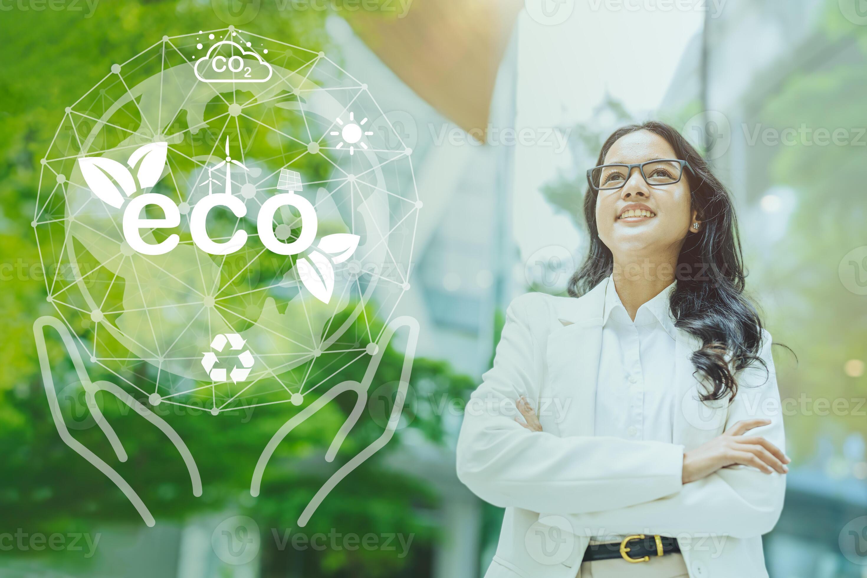 Asian India business success working women standing with proud at green city office building ...