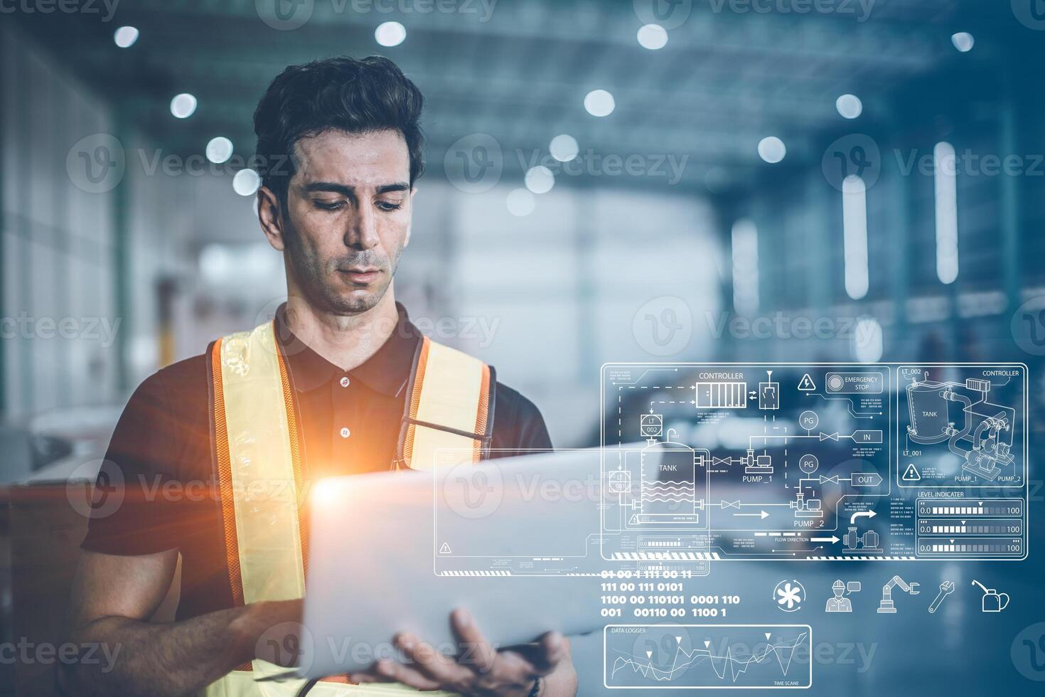 Engineer working with laptop computer for modern digital computing ...