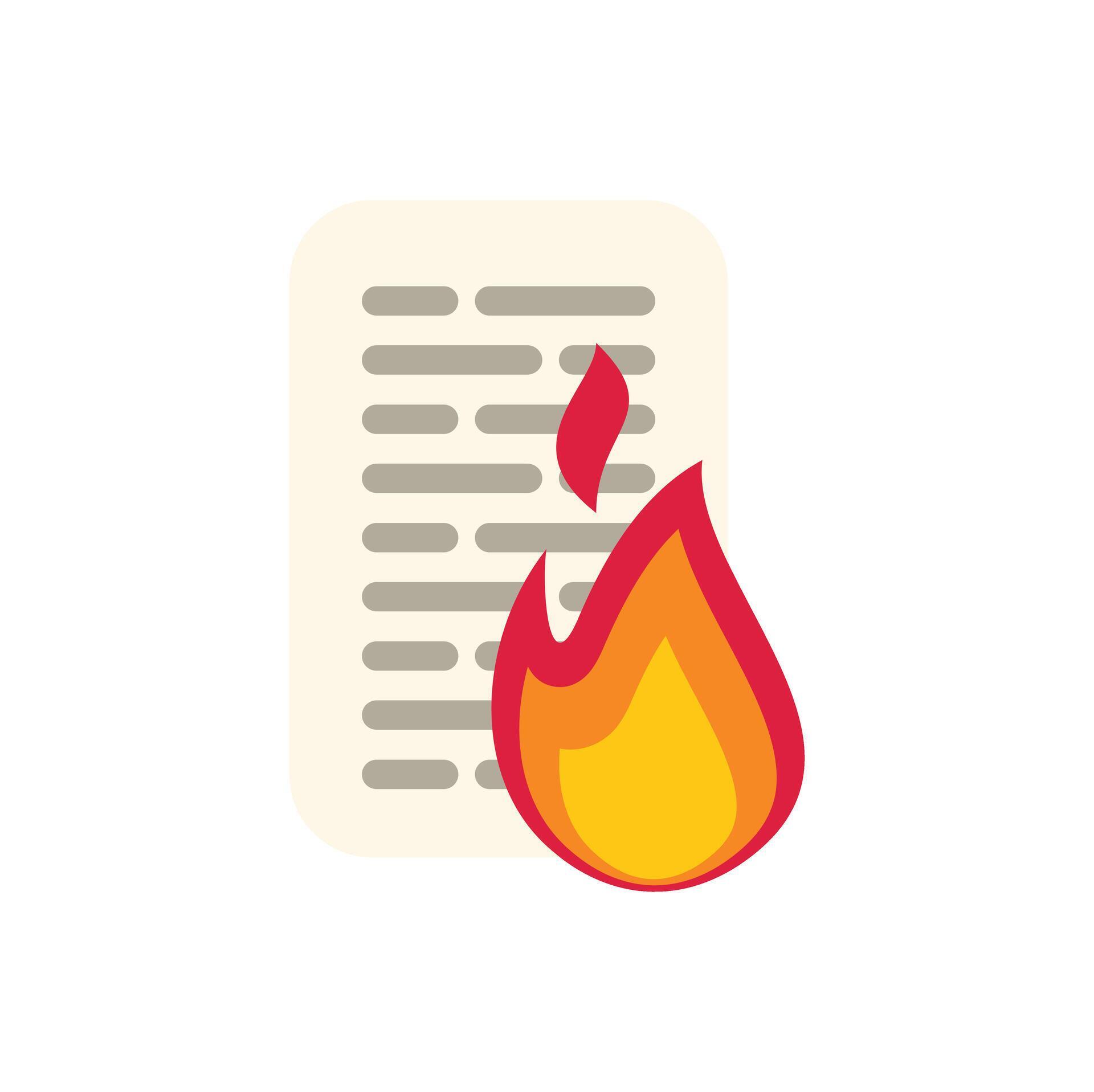 Burning document with flames symbolizing destruction of information ...