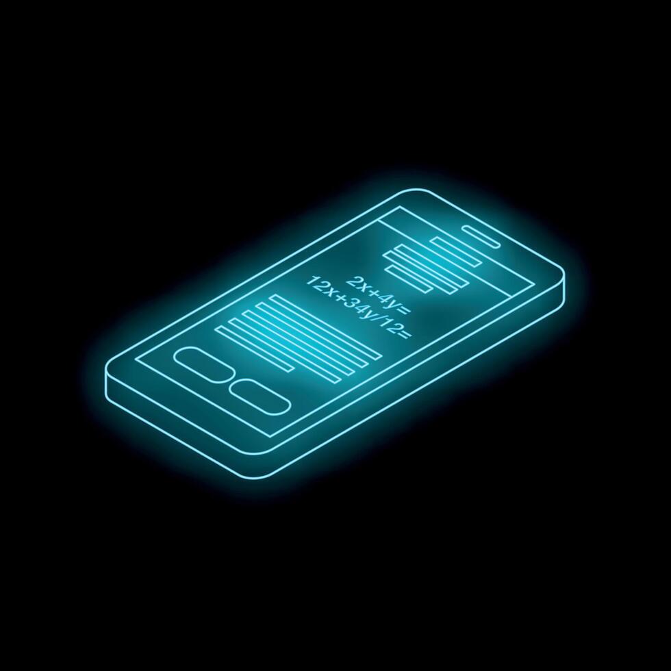 Smartphone showing mathematical equations and formulas in neon light ...