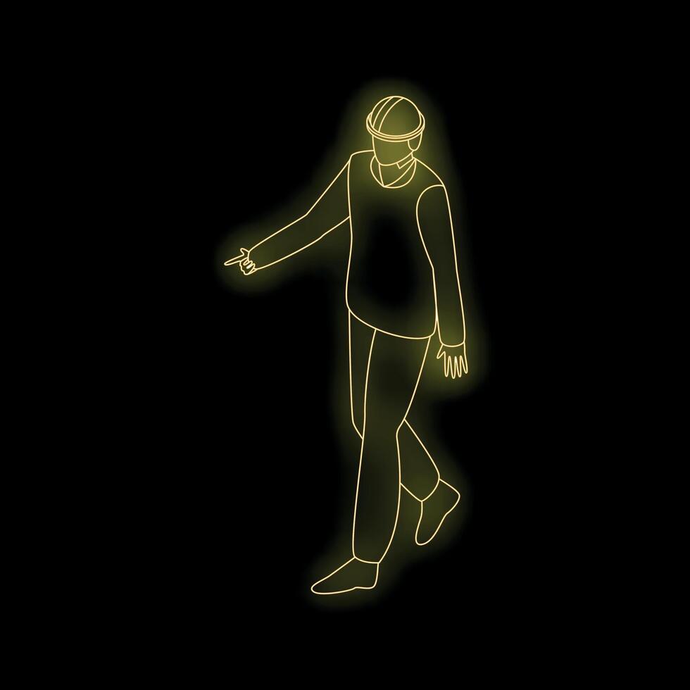 Construction worker walking and pointing neon sign on black background ... Construction worker walking and pointing neon sign on black background ...