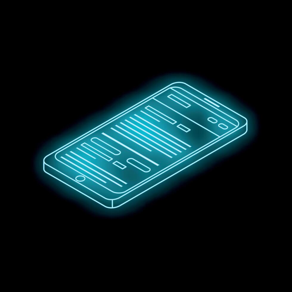 Neon blue smartphone showing programming code on black background ...