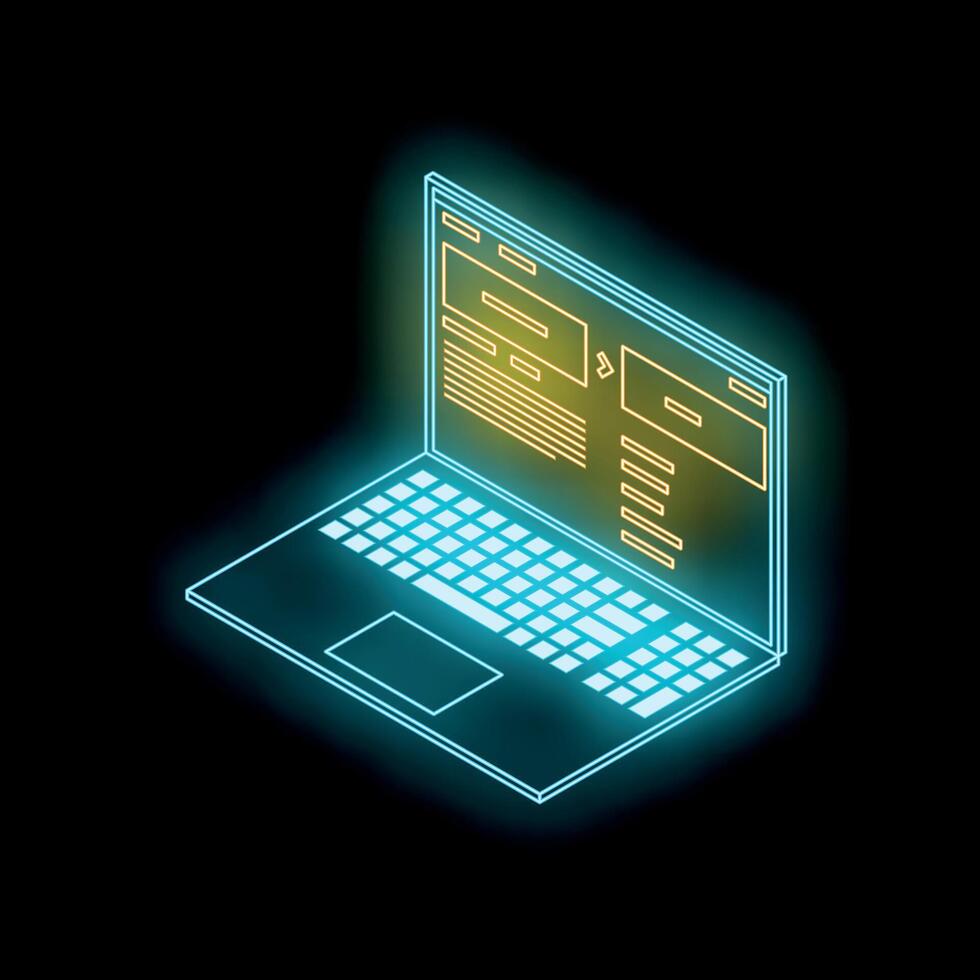 Neon laptop showing programming code on black background 52636847 ...