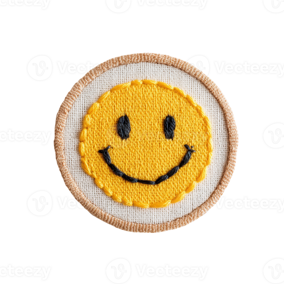 Bright Yellow Smiley Face Embroidery Round Badge for Cheerful Crafting on transparent background ...