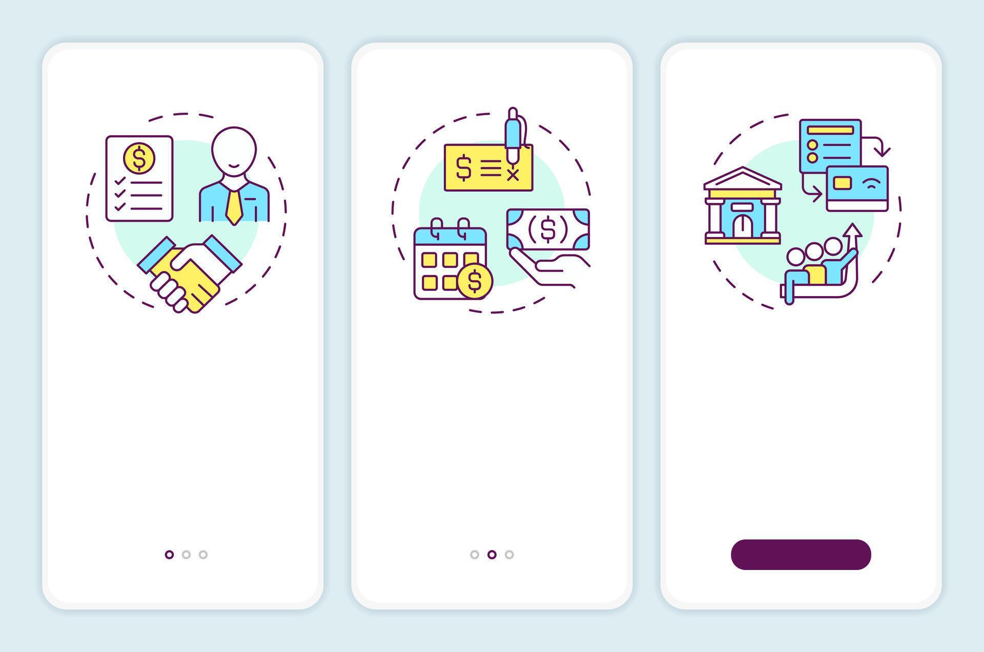 Parties In Factoring Process Onboarding Mobile App Screen Walkthrough 3 Steps Editable Graphic