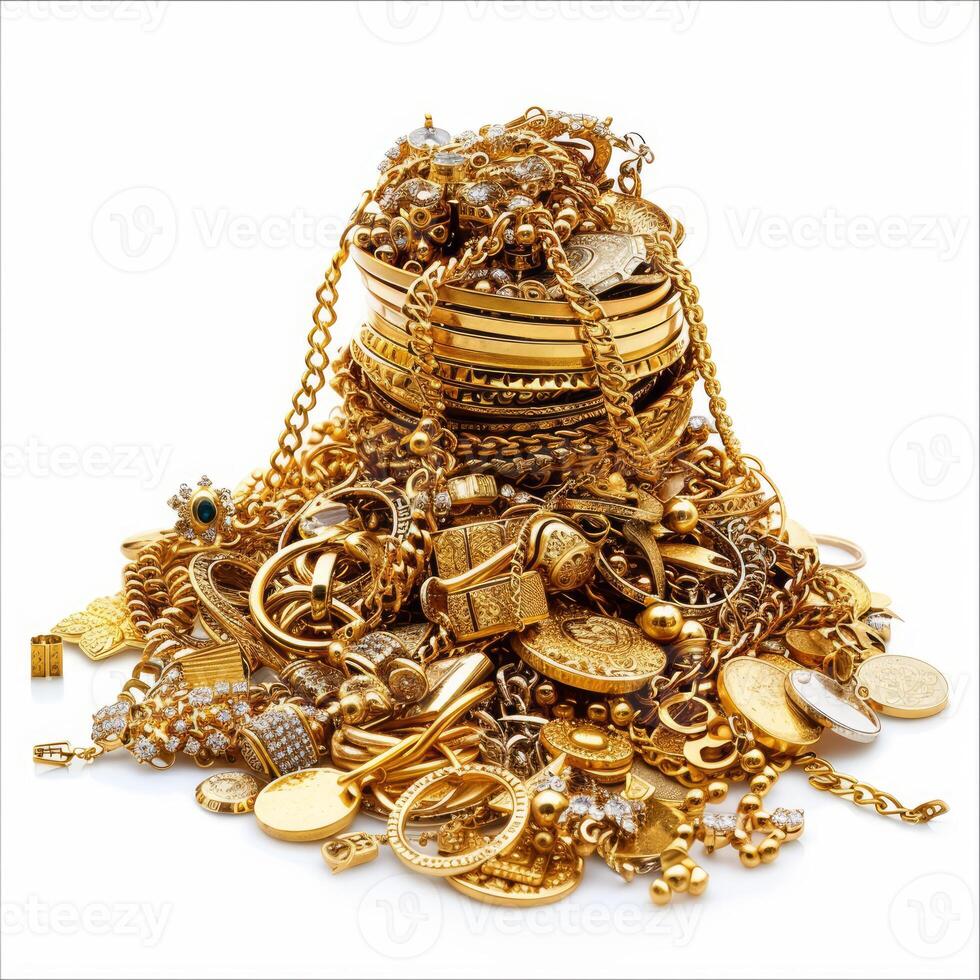 Pile of gold jewelry overflowing on white background 52664211 Stock Photo at Vecteezy