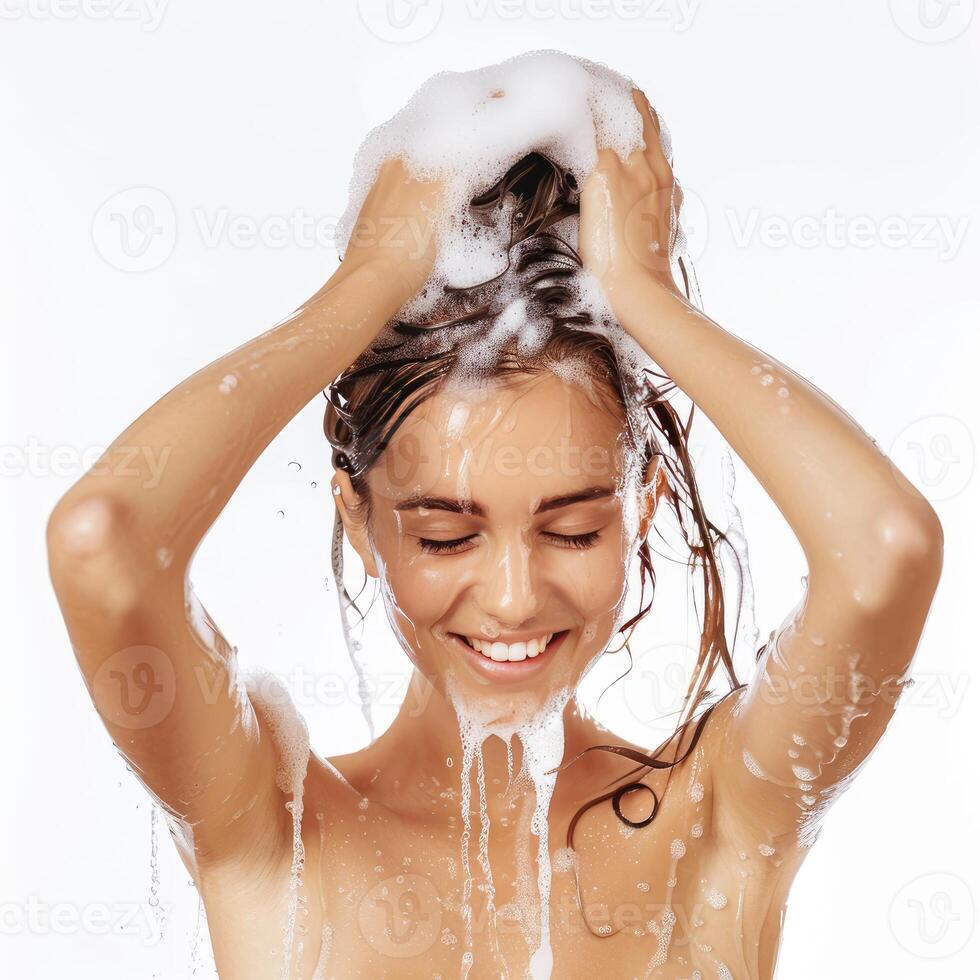 Beautiful Smiling Woman Washing Hair With Shampoo In Bathroom 52664758