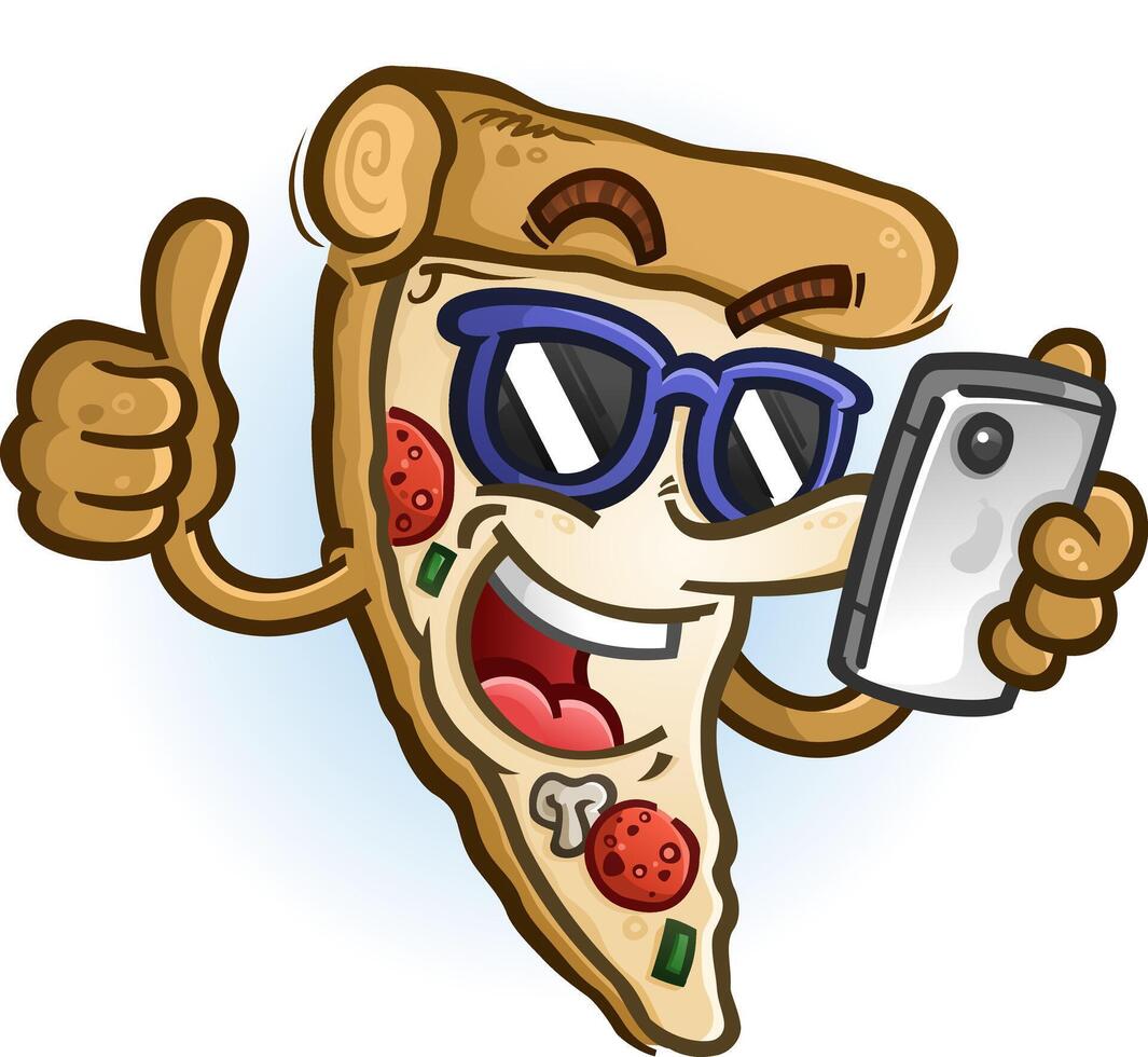 A Cheerful Cartoon Pizza Character With A Big Smile Ordering Pizza And Checking His News Feed On