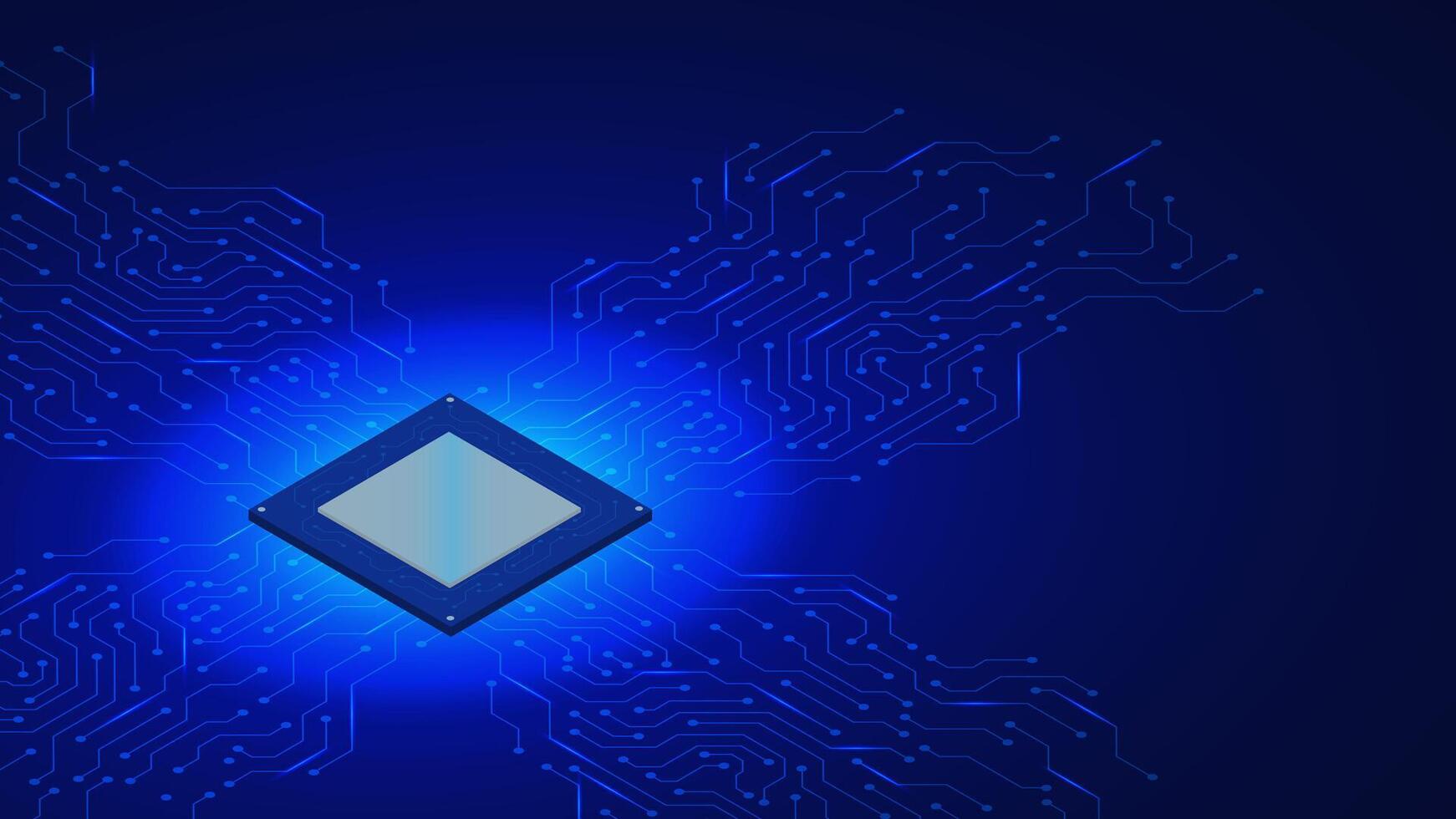 Futuristic microchip or computer processor on circuit board isometric. Large data processing ...