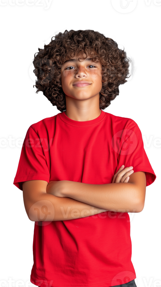 Confident young boy with curly hair in red shirt 52700536 PNG
