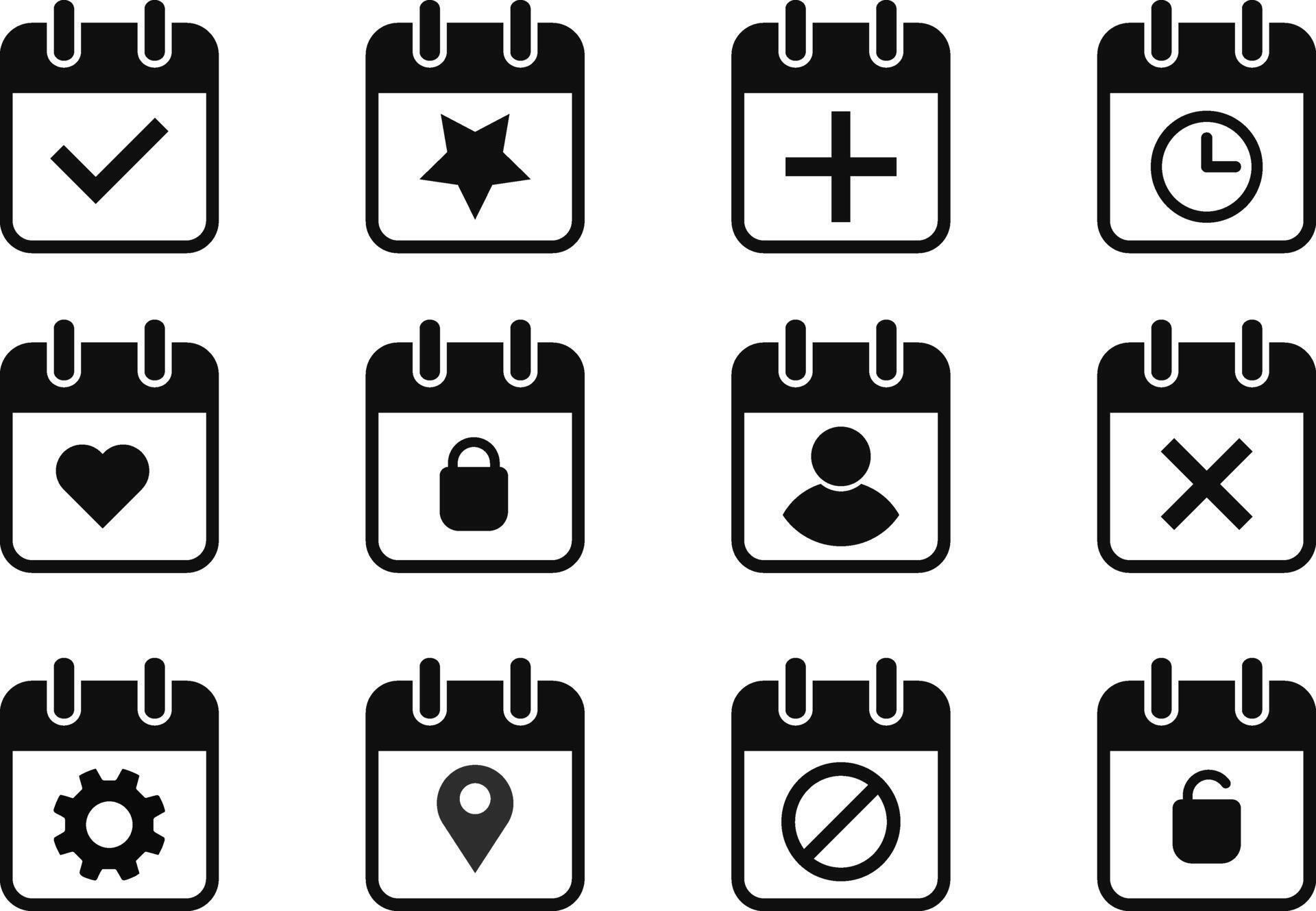 Set of calendar symbols. calender icon with chekmark and plus mark ...